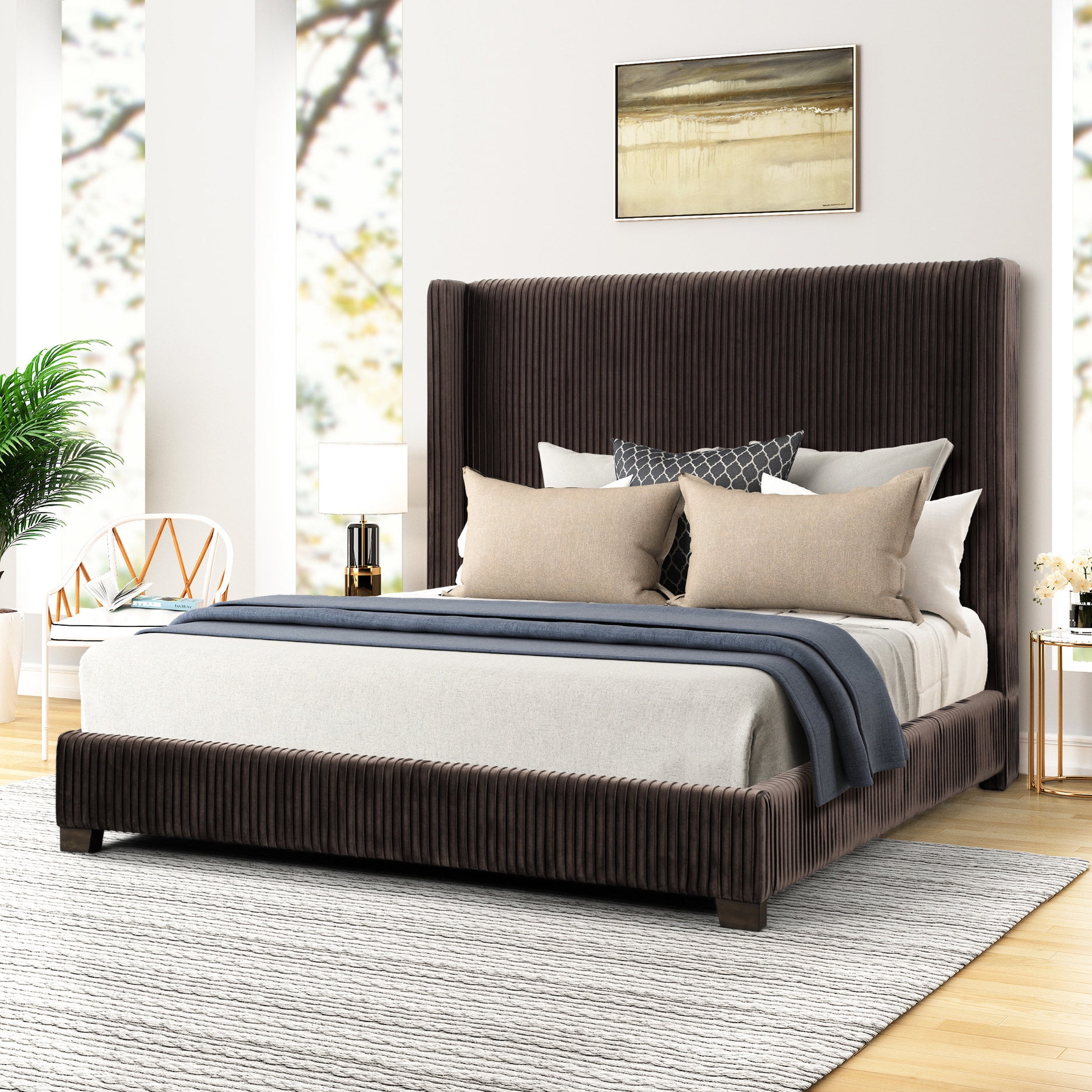 Pleated Upholstered Dark Brown Queen Bed | Perfect for Minimalist ...