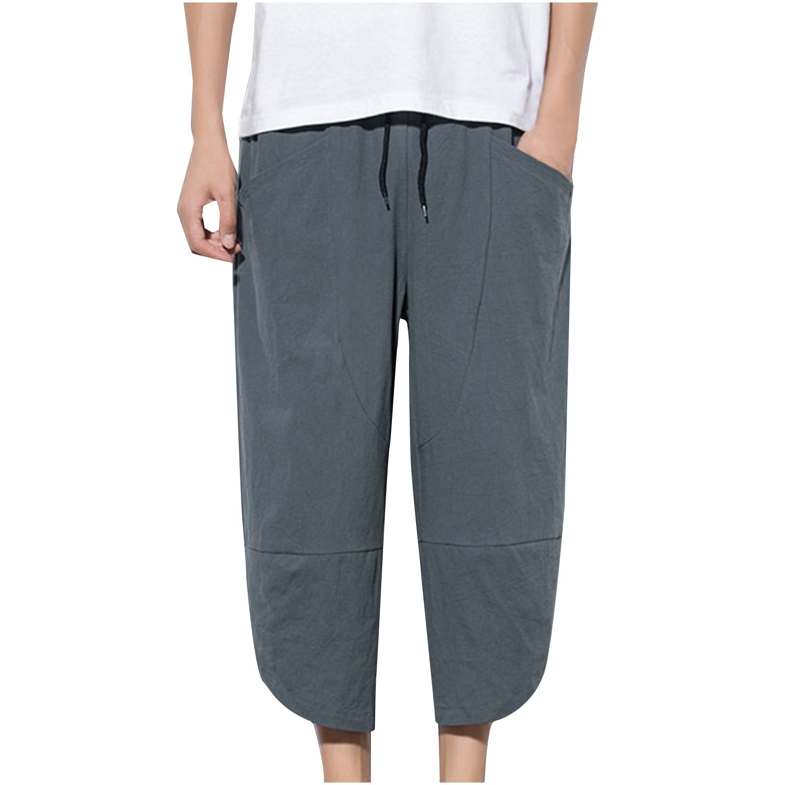 Plebaso Big and Tall Mens Cotton Linen Capri Pants Drawstring 3/4 ...