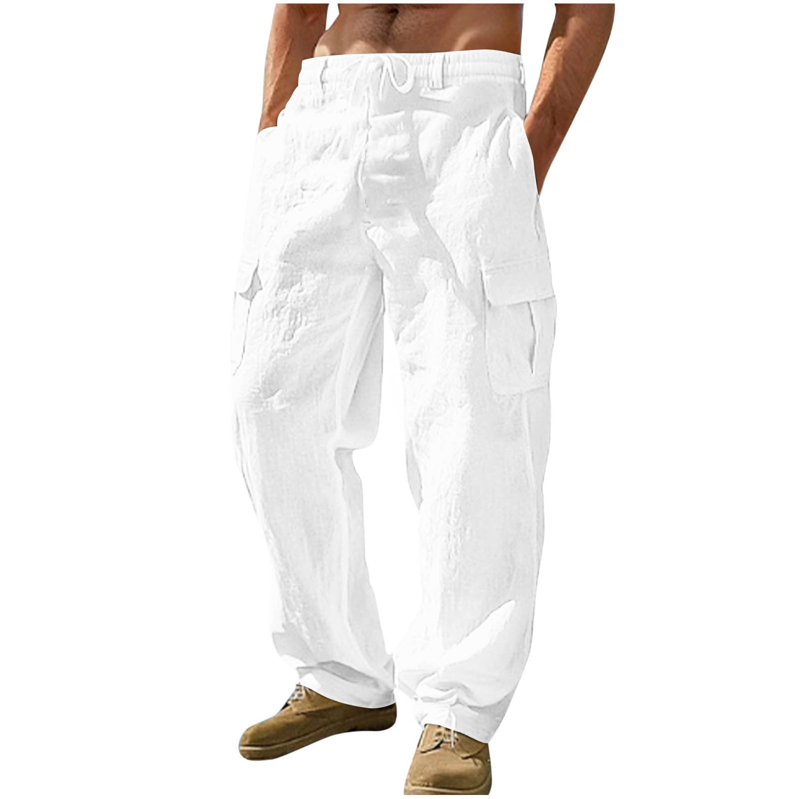 Plebaso Cotton Linen Cargo Pants for Men Elastic Waist Pants with ...