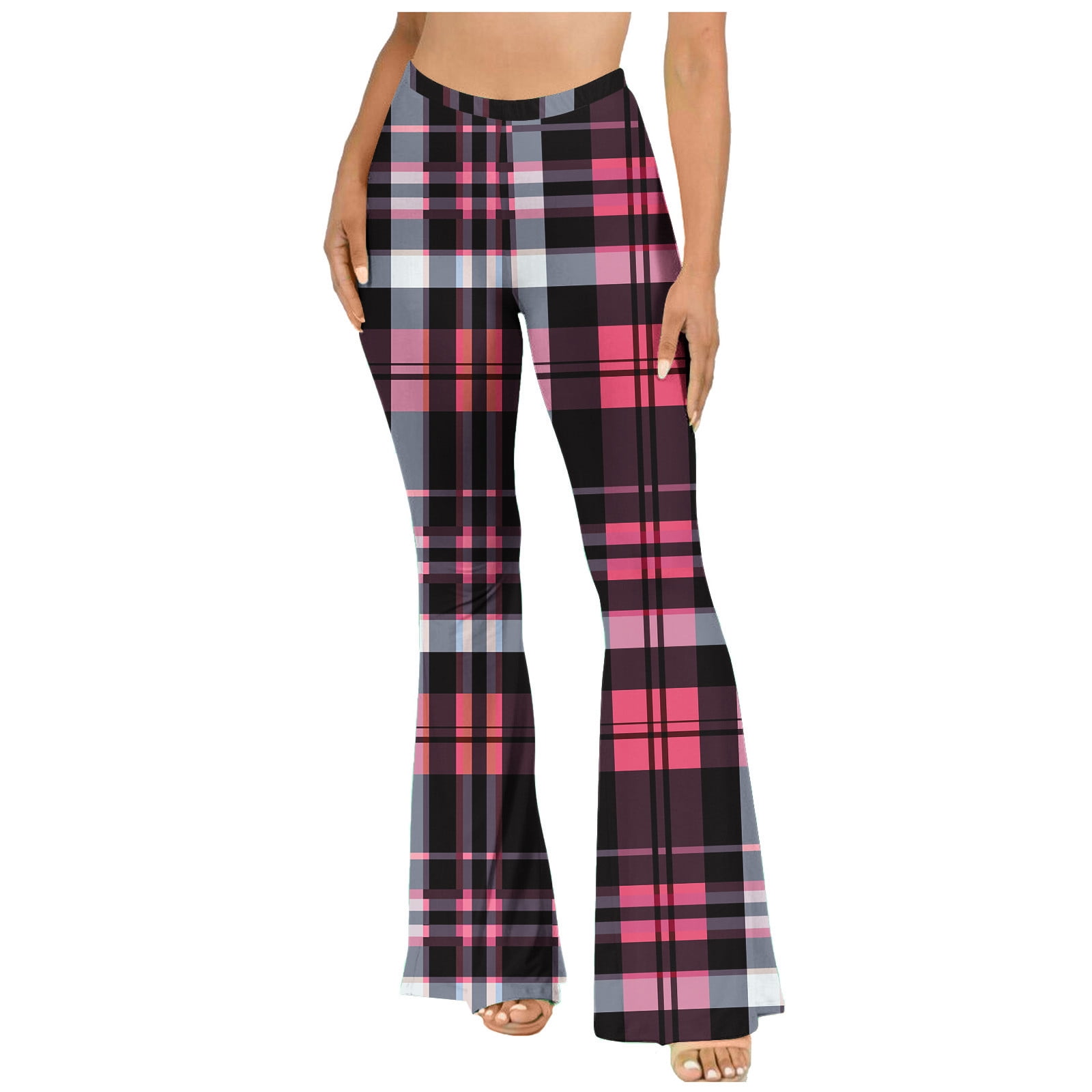Plebaso Flared Pants for Women High Waist Plaid Printed Wide Leg Long ...