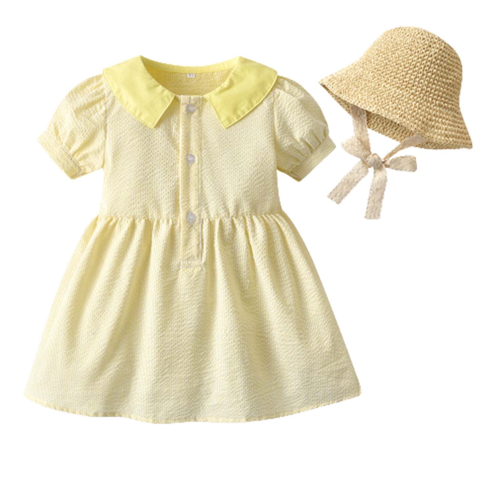 Plebaso Girls Dresses Solid Color Puff Sleeve Princess Dress Hat Suit ...