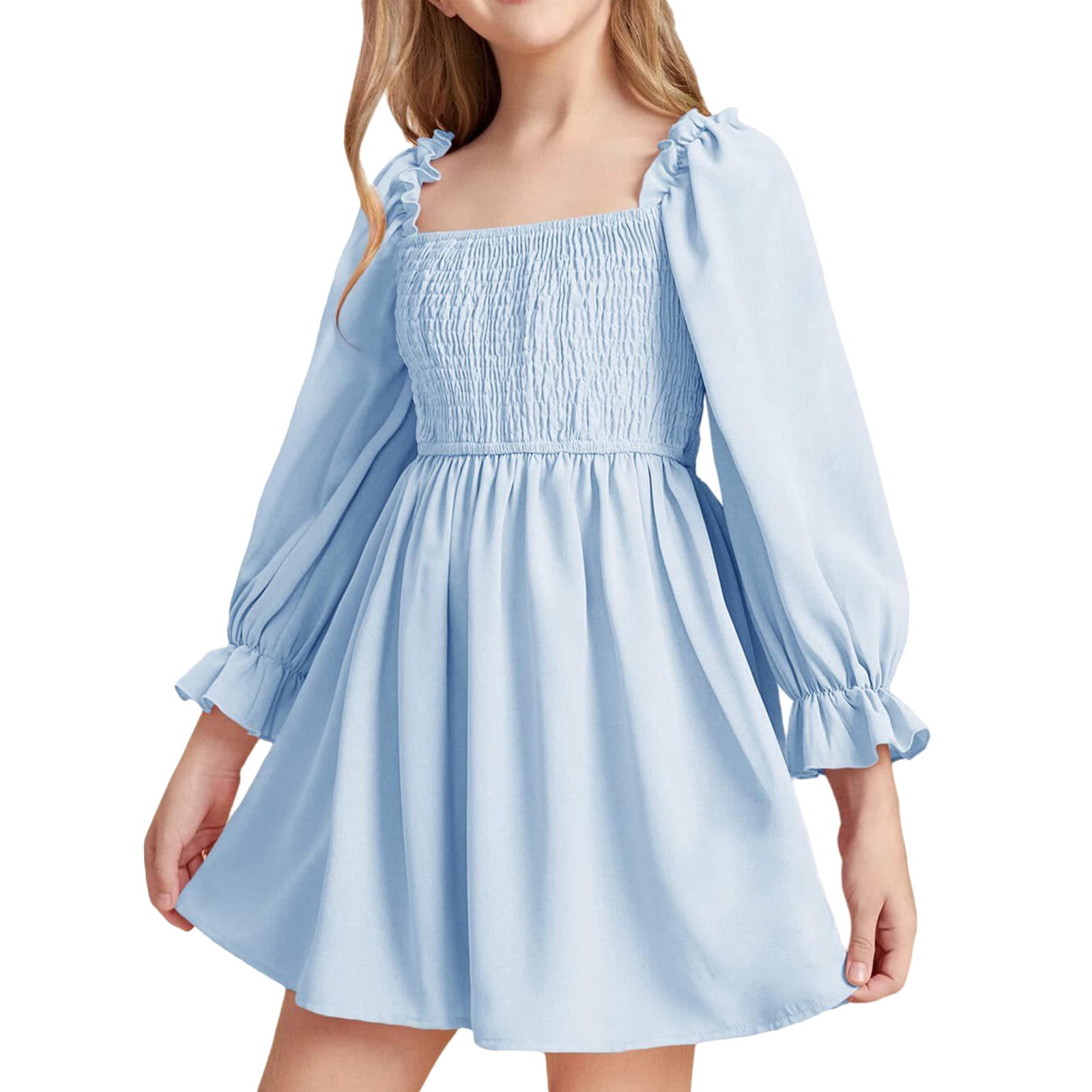 Plebaso Girls Dresses Squares Neck Lantern Sleeve Ruffled Lace Dress ...