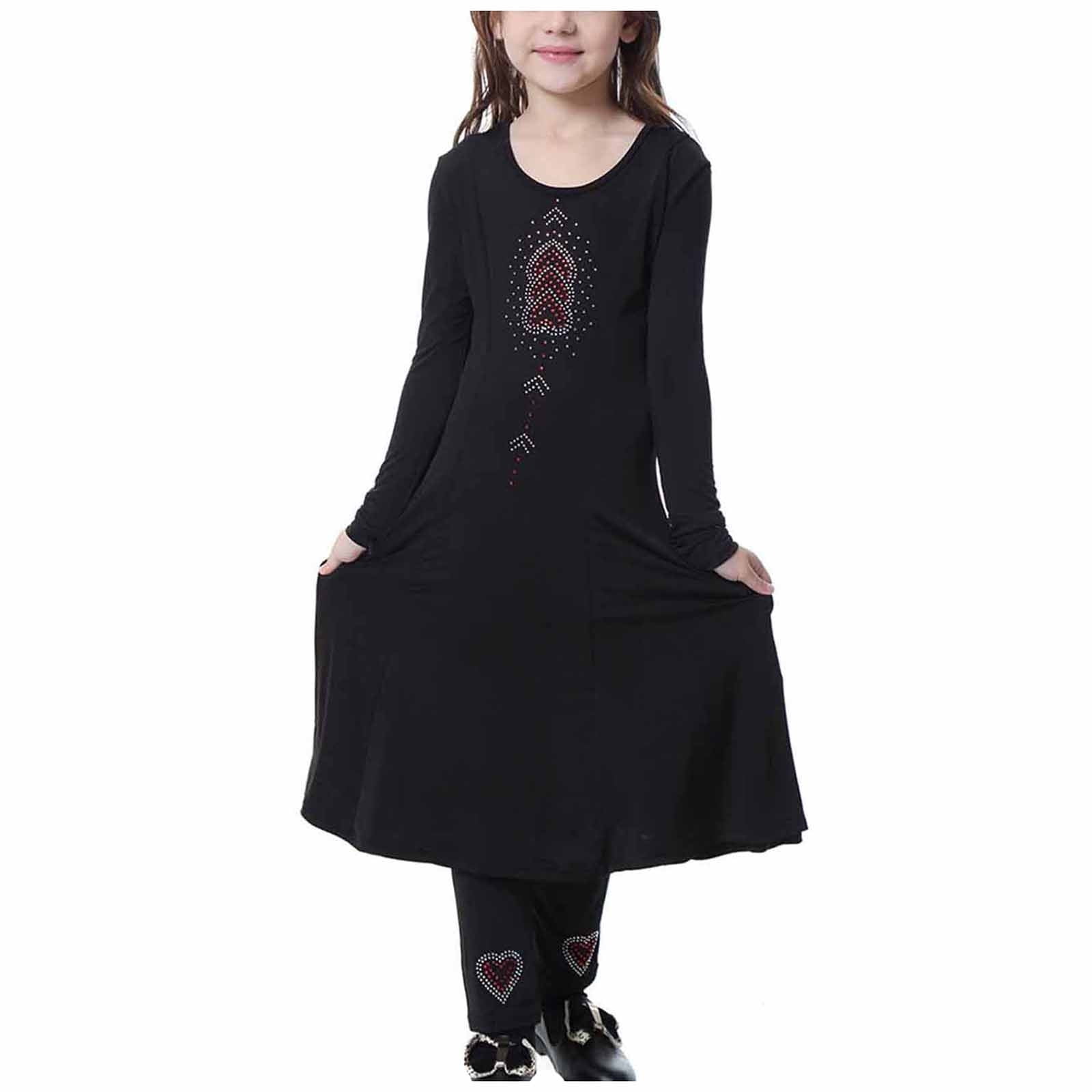 Plebaso Girls Muslim Long Dresses Cute Solid Color Round Neck Long ...