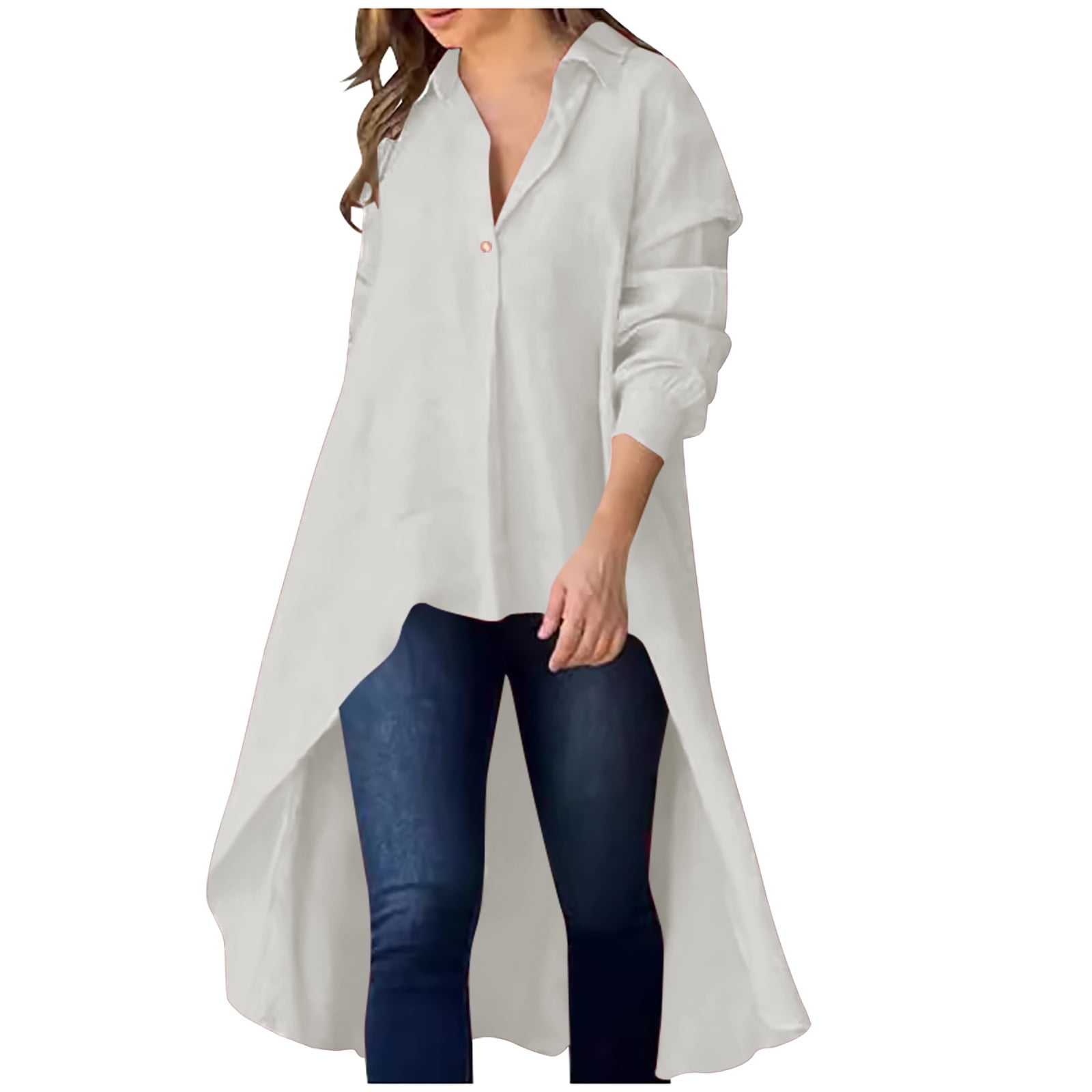 Plebaso Women's Long Shirts V Neck Necked Long Sleeve Blouses High Low ...