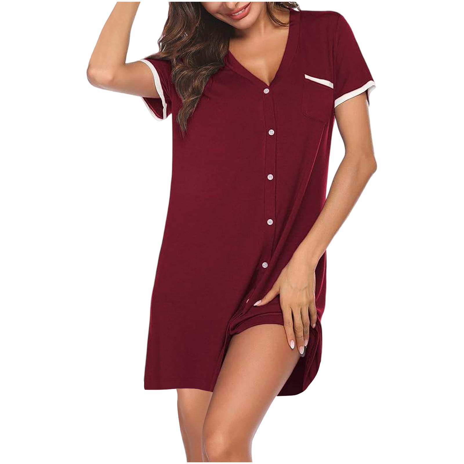 Plebaso Women's Nightgowns Short Sleeve V Neck Soft Sleepshirts Button ...