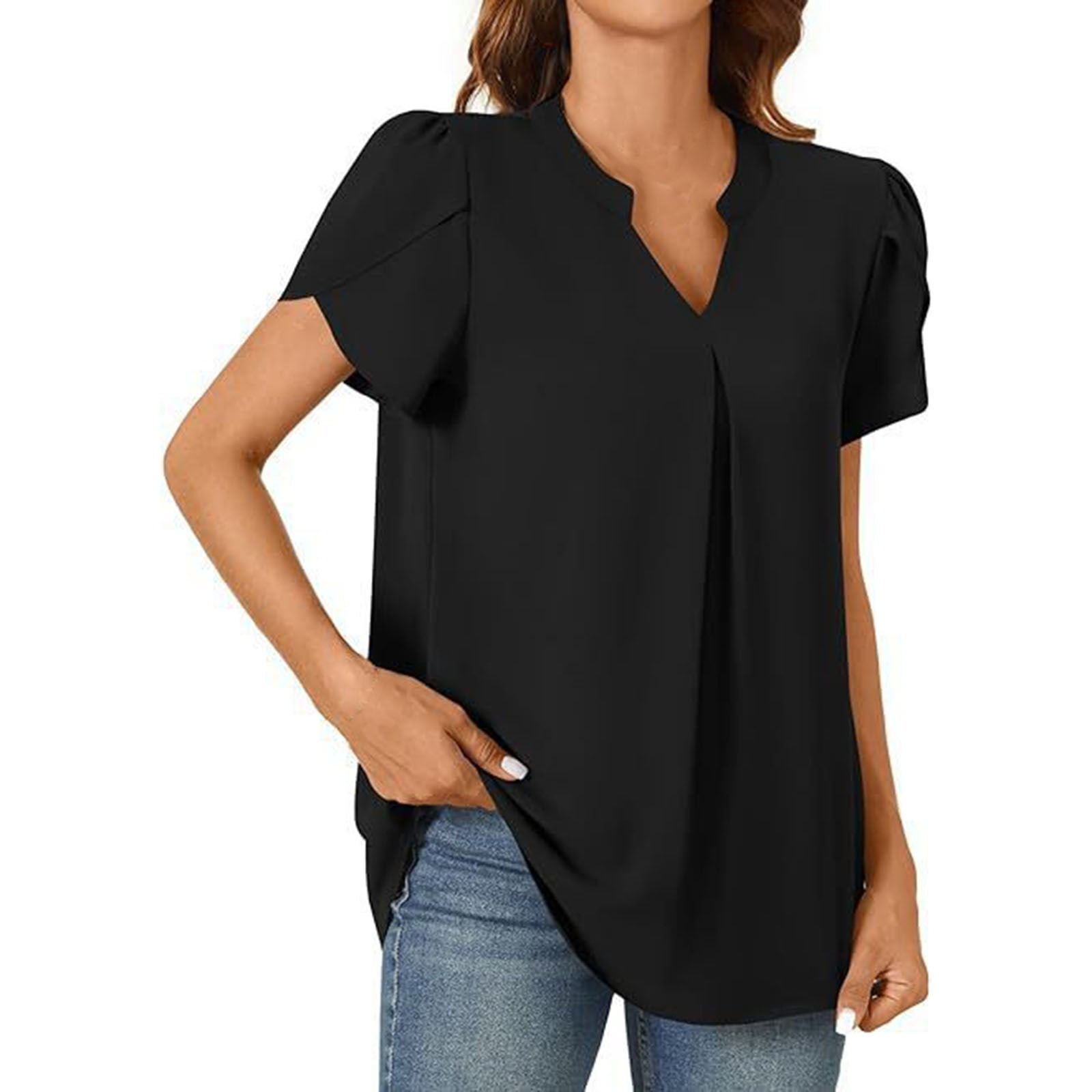 Plebaso Women's Work Tops Petal Short Sleeve V Neck Dressy Casual ...