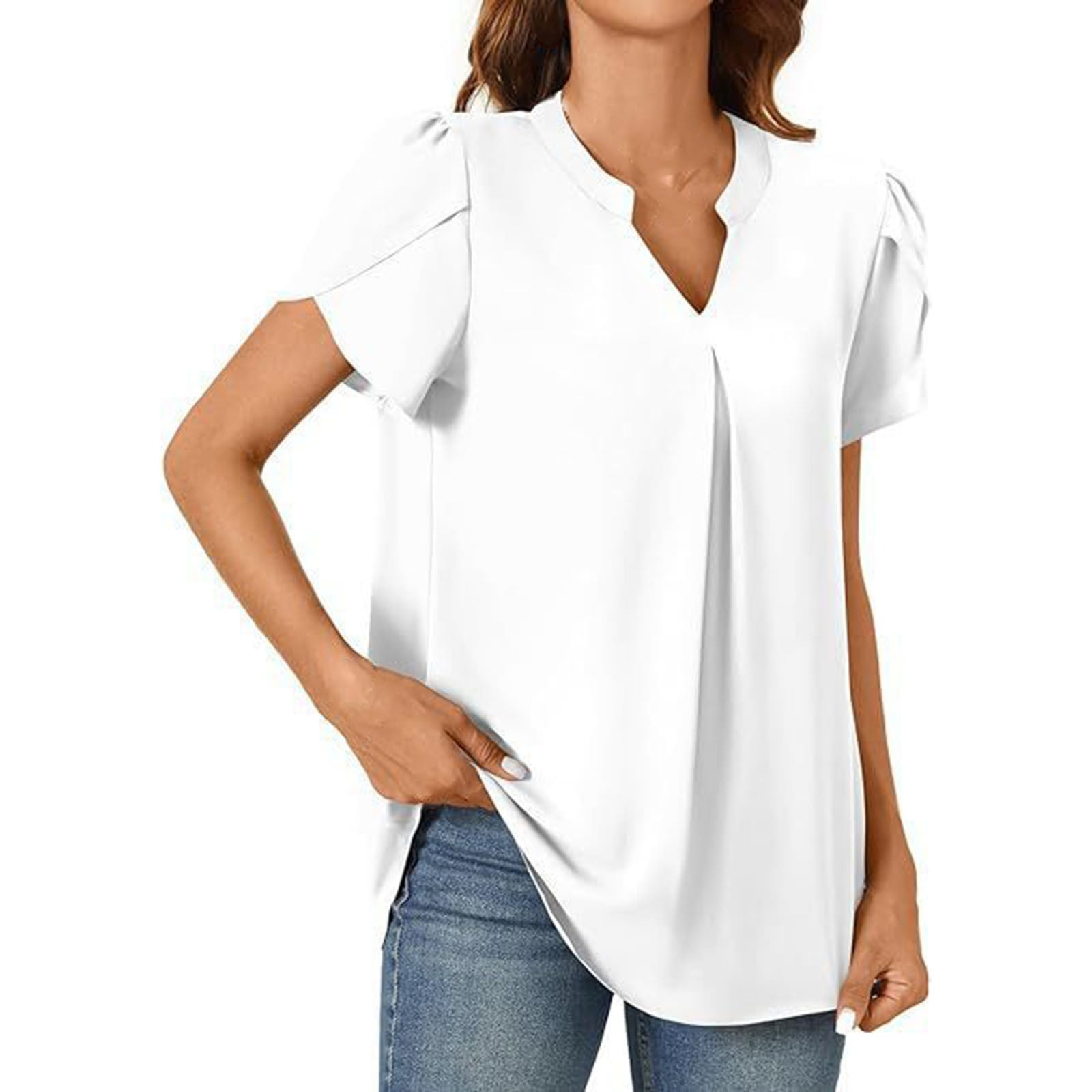 Plebaso Women's Work Tops Petal Short Sleeve V Neck Dressy Casual ...