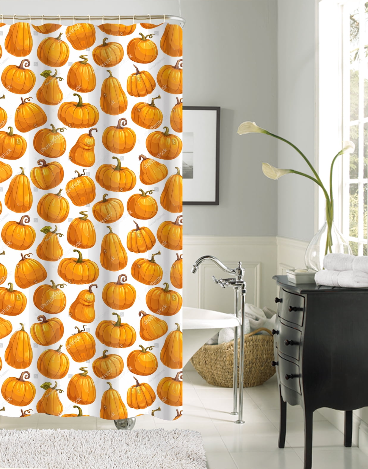 Plentiful Pumpkins Printed Canvas 13 PC Shower Curtain Set With 12 ...