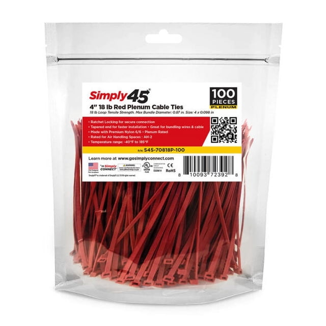 CableWholesale 31CV-07101 4 in. 18 lbs Plenum Cable Ties - Red - 100 ...
