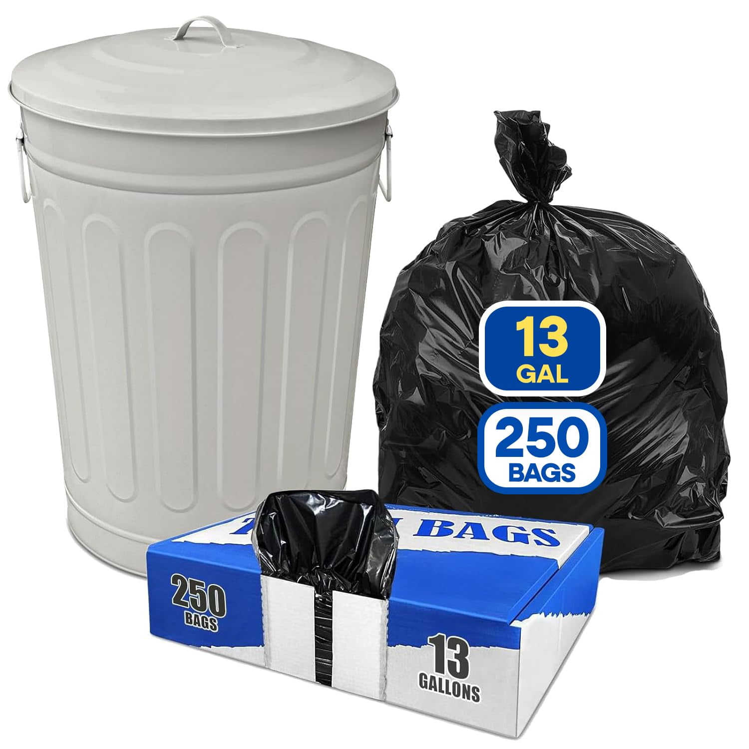 Plexon Beige Round Trash Can 13 Gallon, Vintage Metal Outdoor Trash Can with Lid Bundle with ...