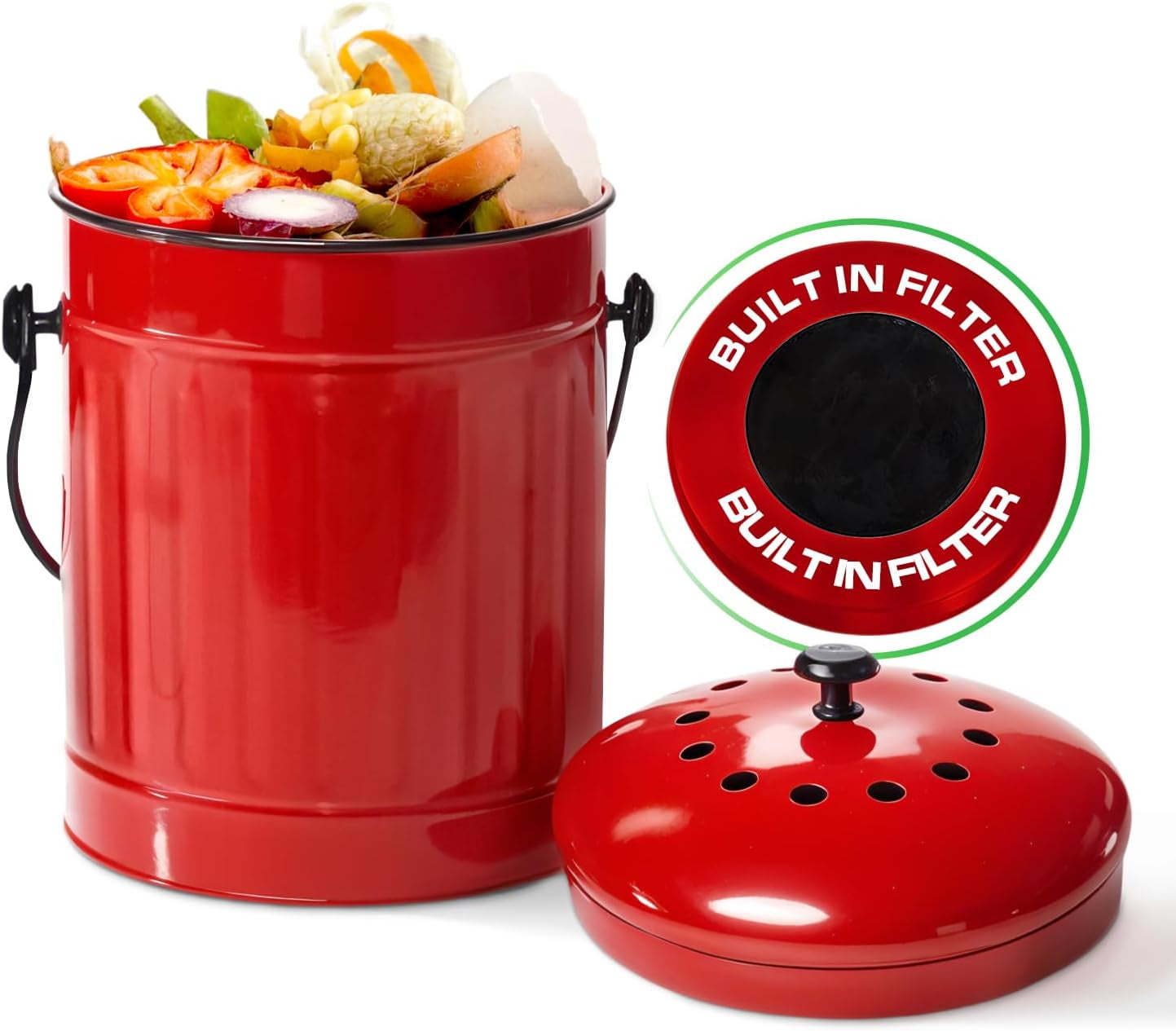 Plexon Countertop Compost Bin with Lid, Red 1.5 Gallon Odorless Kitchen ...