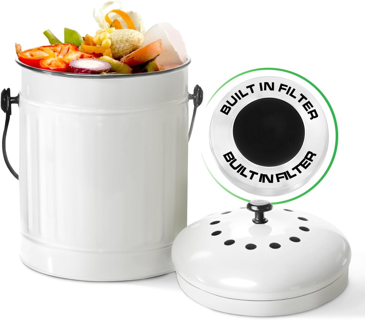 Plexon Countertop Compost Bin with Lid, White 1.5 Gallon Odorless ...