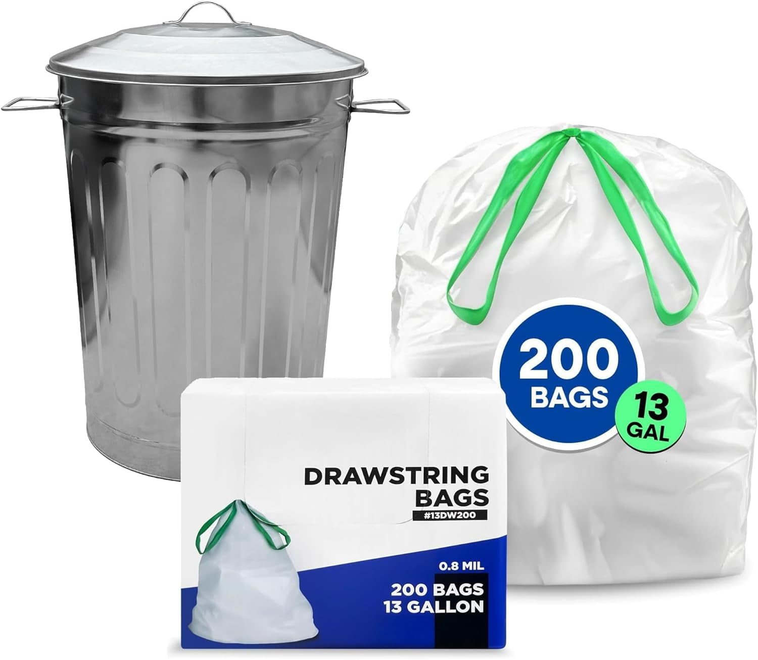 Plexon Silver Round Trash Can 13 Gallon, Vintage Metal Outdoor Trash Can with Lid Bundle with ...