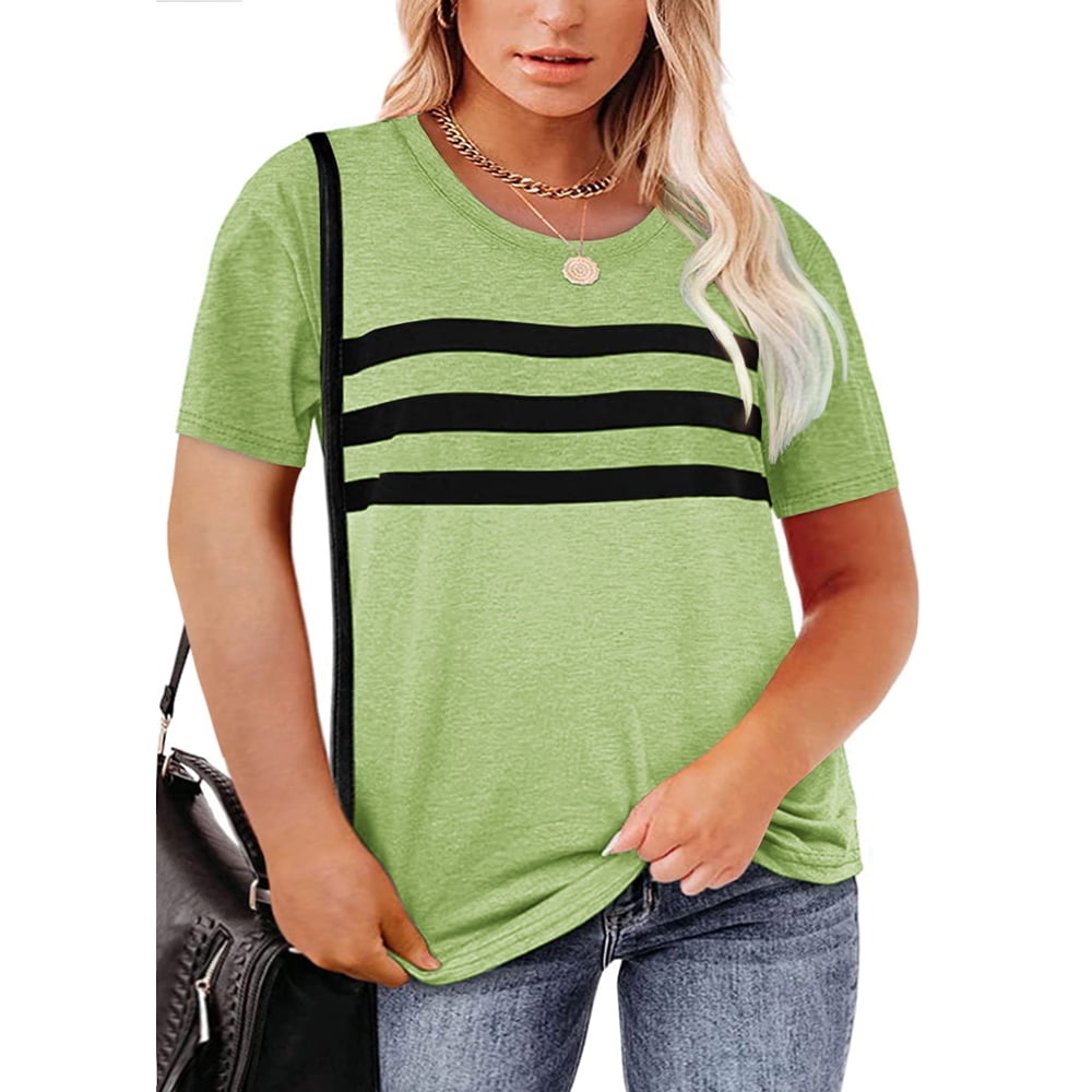 Plnotme Plus Size Tops For Women Summer Stripe Print Short Sleeve T