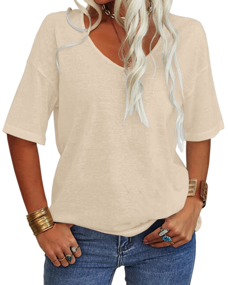 Plnotme Women Fashion V-Neck Half Sleeves Oversized T Shirt Solid Color Casual Loose Basic Tops ...