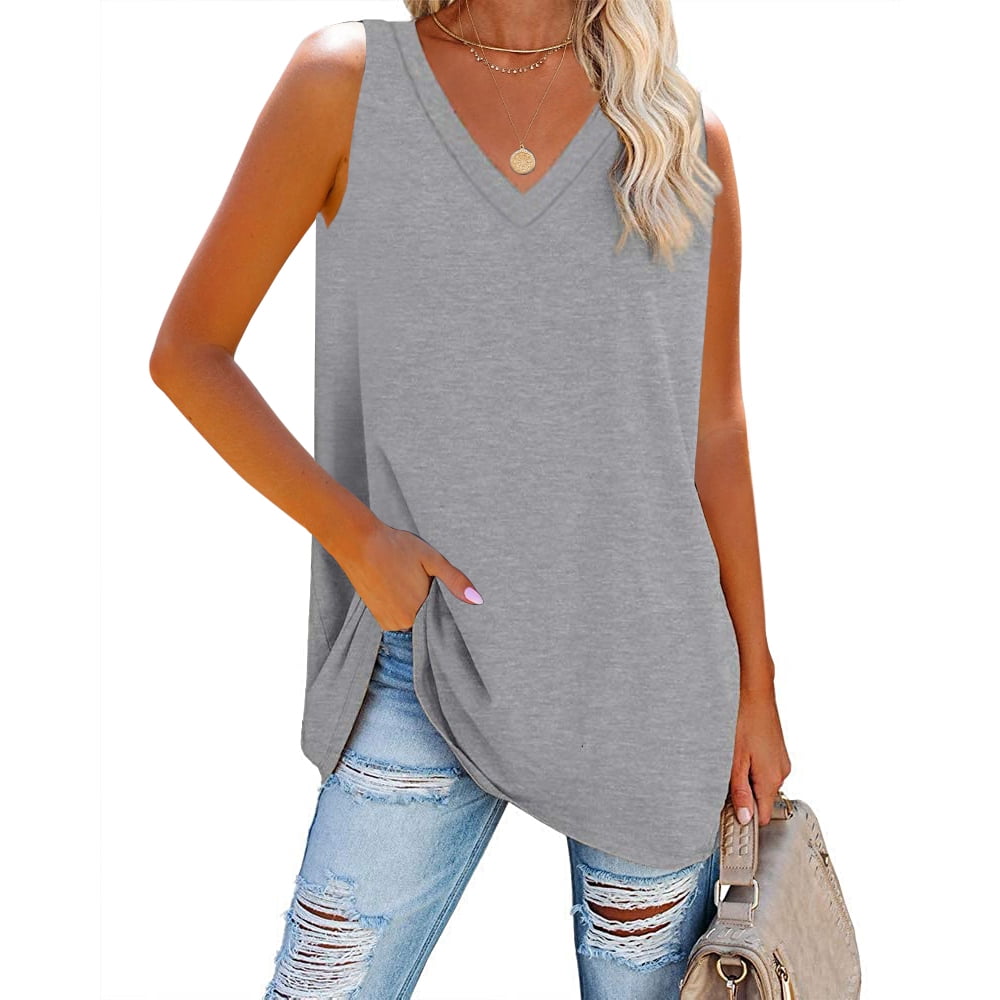 Plnotme Women's Classic V Neck Simple Tank Tops Summer Loose Casual ...