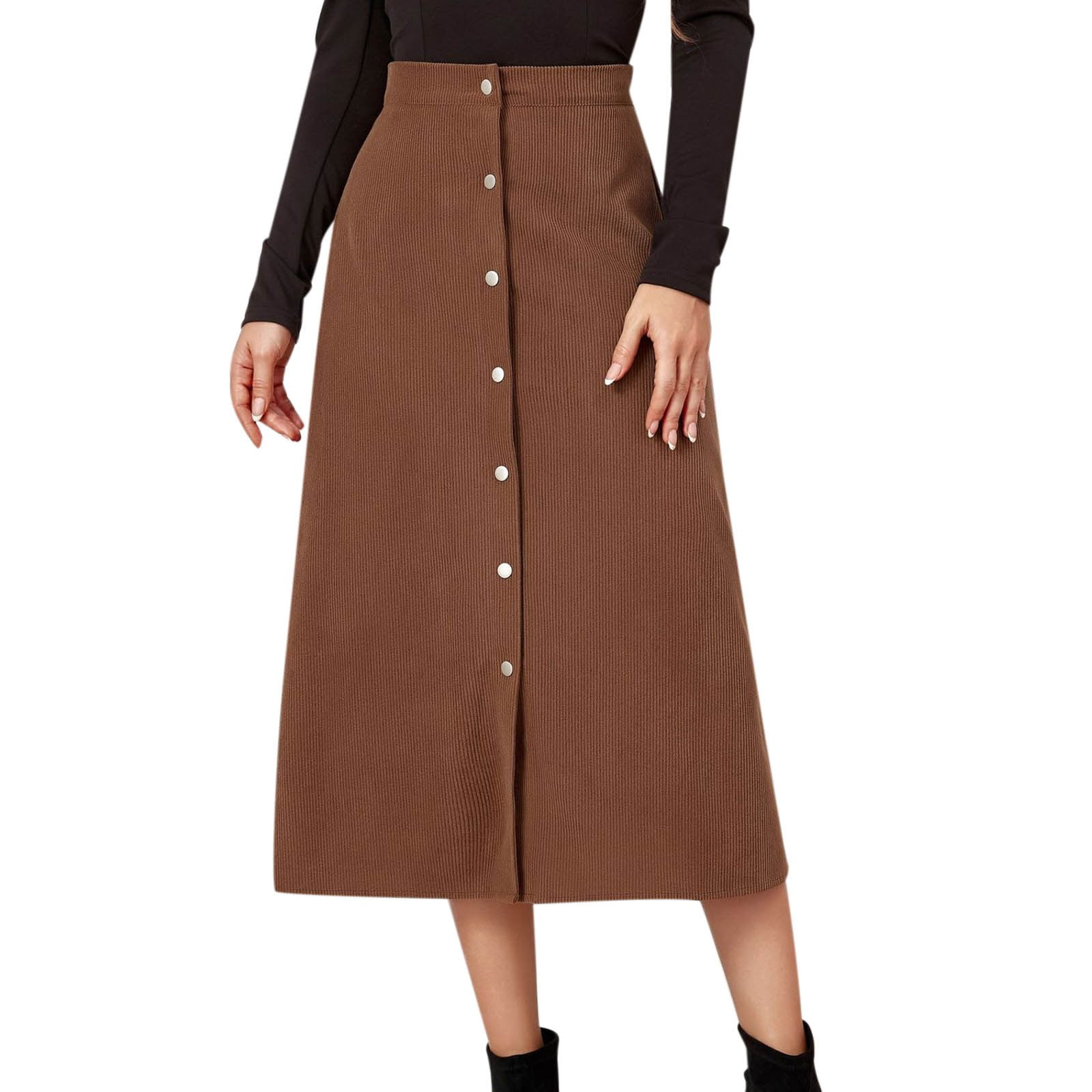 Ploknplq Corduroy Button-down Skirt for Women Solid Midi Length Black Skirt for Women Midi Skirt ...