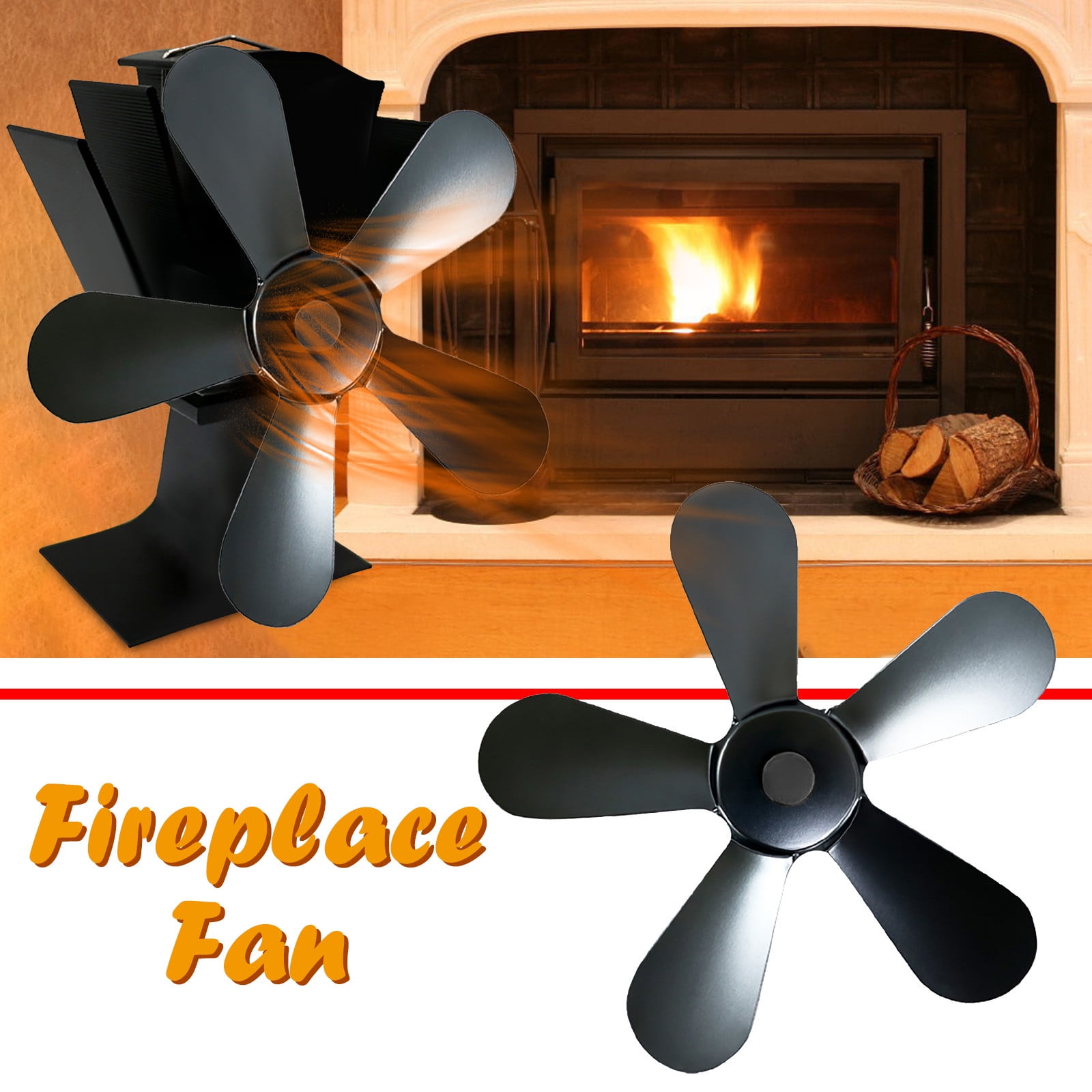 Ploknplq Fireplace Fan 5 Blade for Heat Powered Wood Stove Fan Wood Log ...