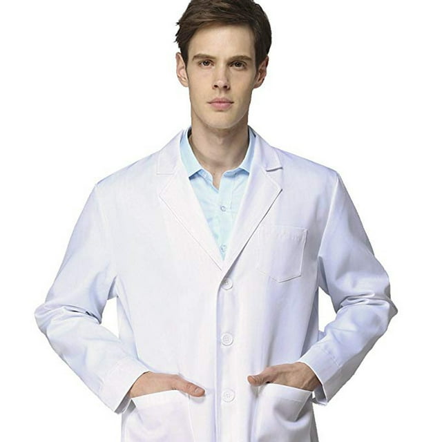Ploknplq Men's Thigh Length Lab Coat Solid Lapel Long Sleeve Single ...