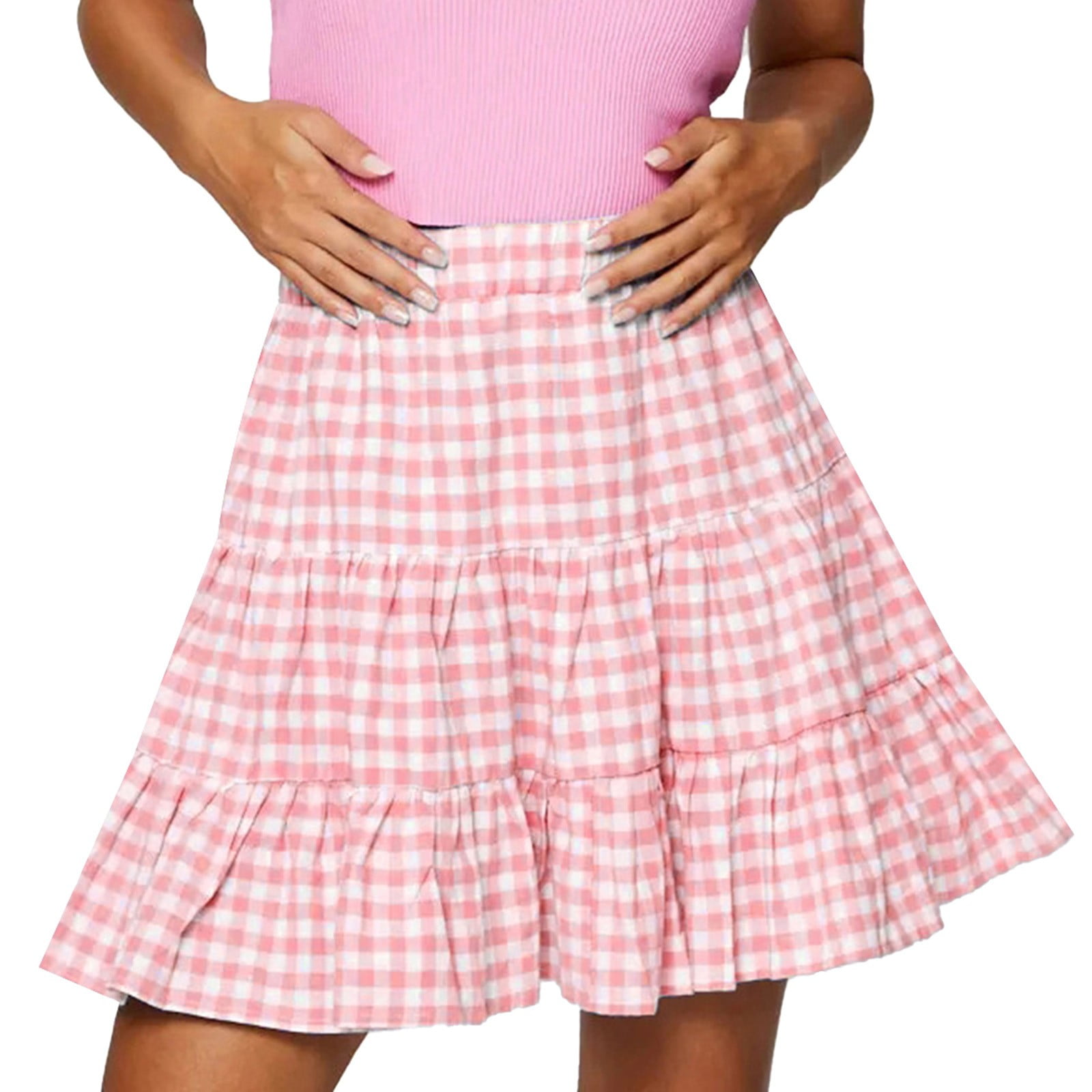 Ploknplq Tiered A-line Skirt for Women Gingham Check Mini Length Mini ...