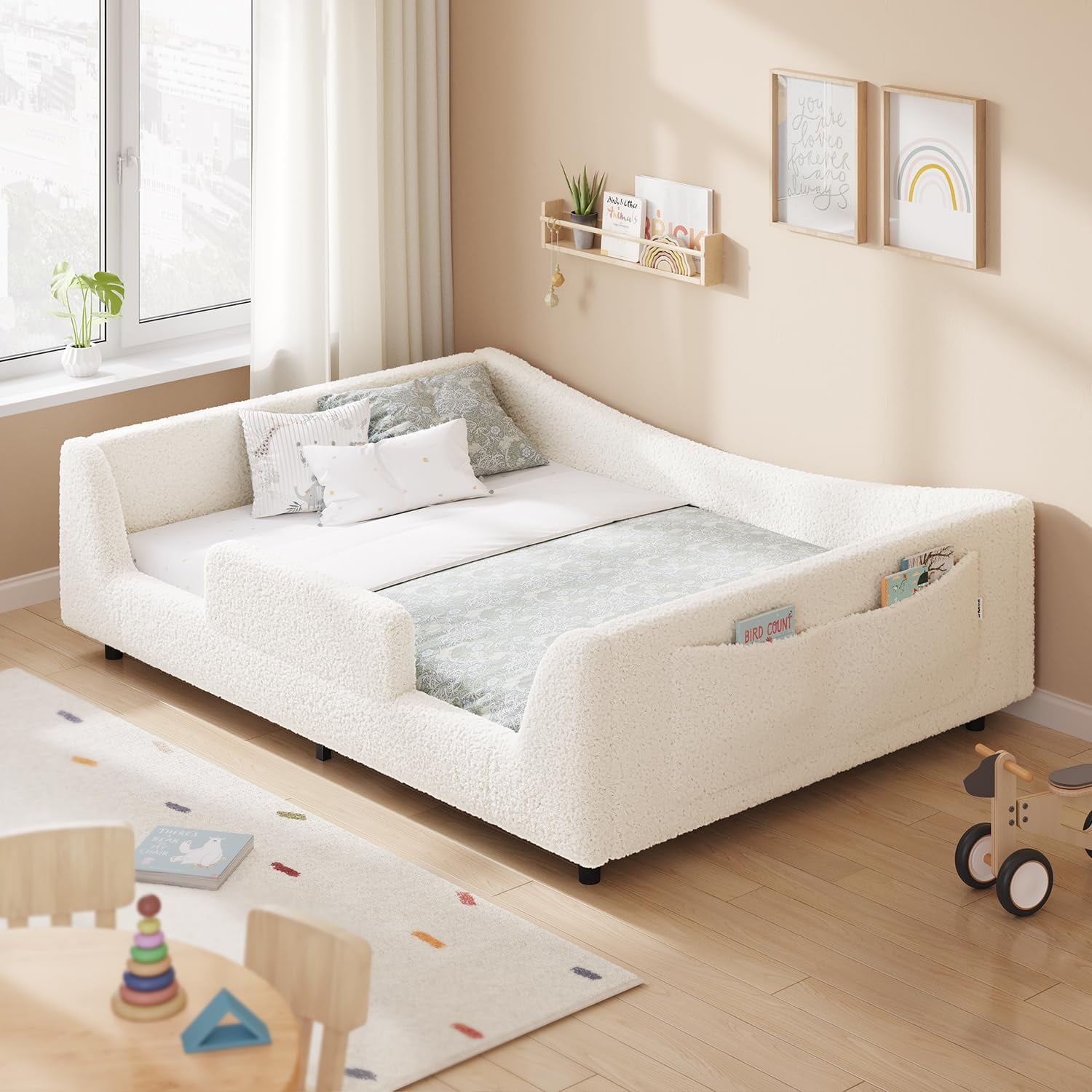 Plonmago Full Size Floor Bed with Slats and Rails,Low Montessori 2-in-1 ...