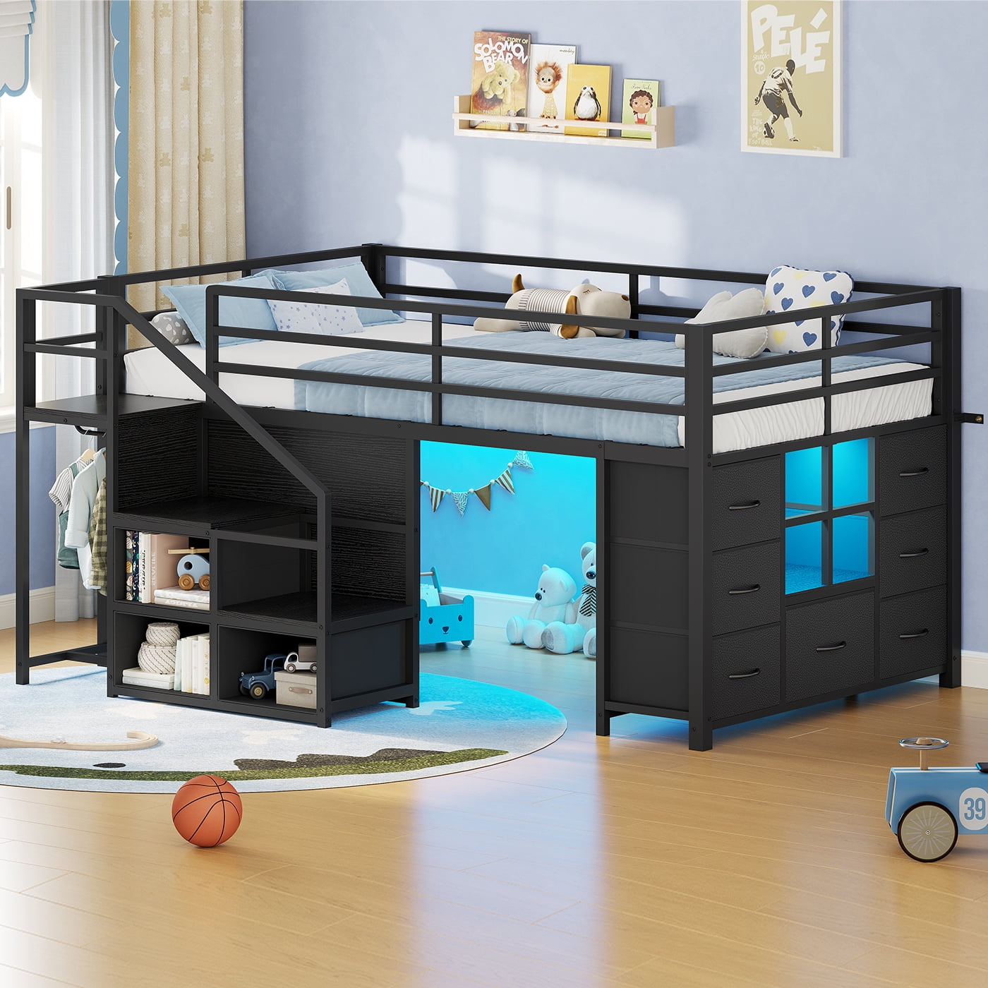Plonmago Low Loft Bed Twin Size with LED Lights,7 Storage Drawers & 3 ...