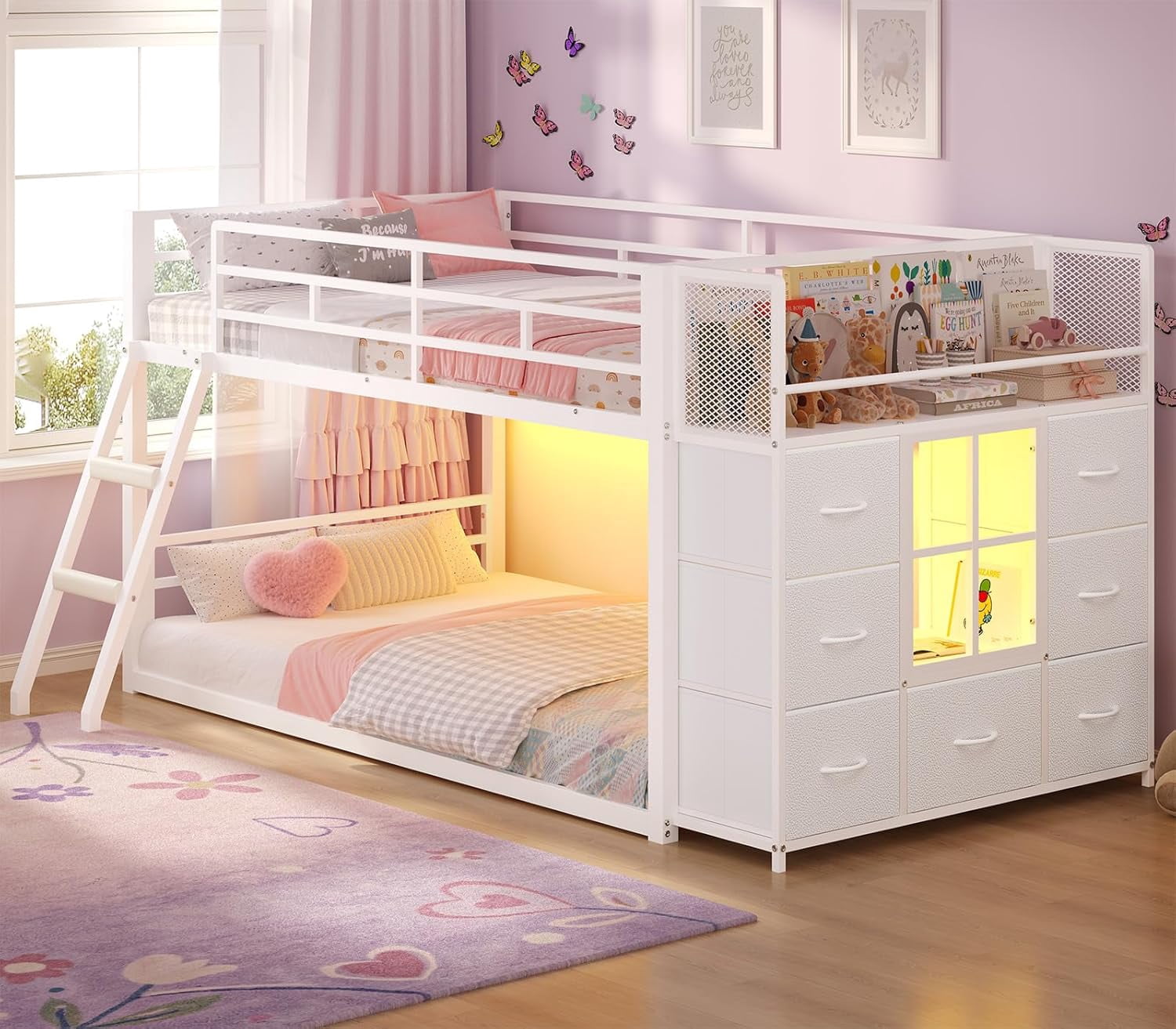 Plonmago Metal Bunk Bed Twin Over Twin with 7 Large Fabric Drawers ...
