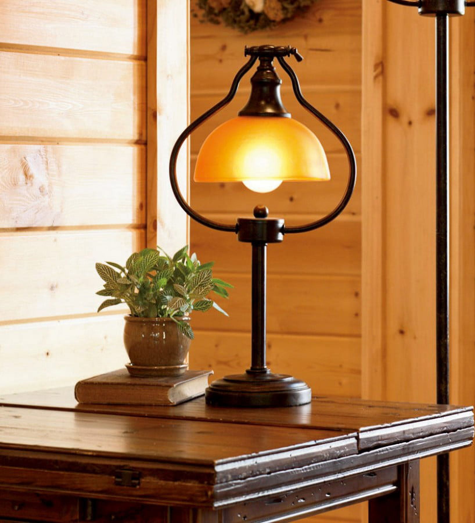 Plow & Hearth Library Table / Desk Lamp with Amber Glass Shade ...