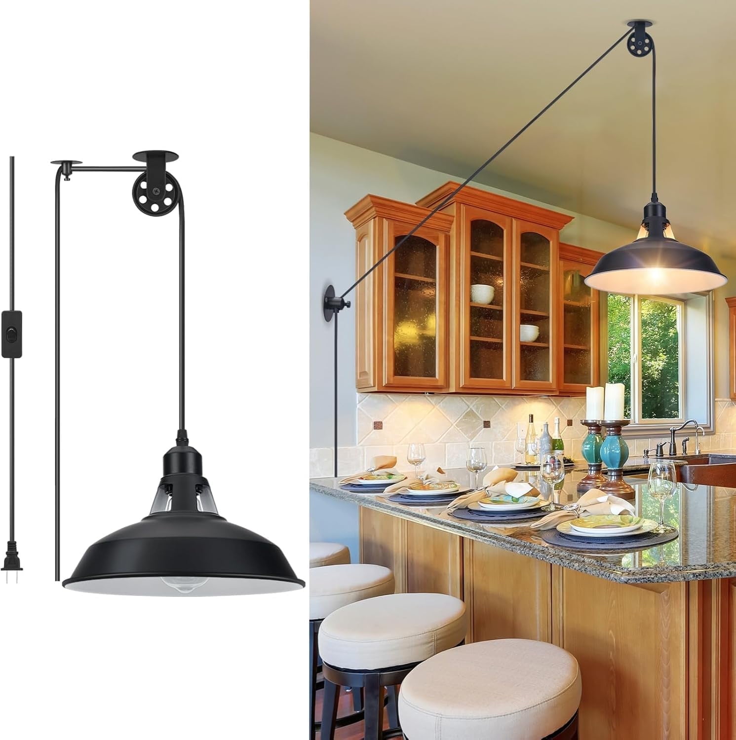 Plug in Pendant Light with 14.76ft Cord on/off Switch Pulley Pendant ...
