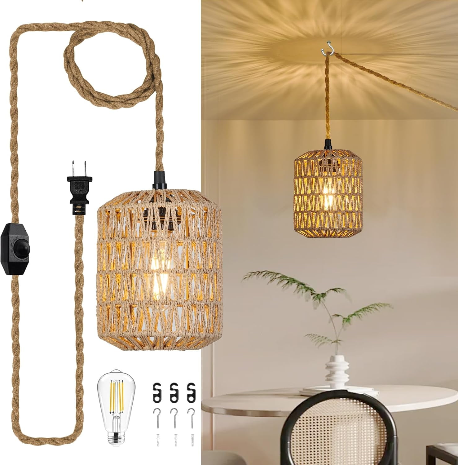 Plug in Pendant Light with 6W LED Bulb Warm Light(3000K) Dimmable ...