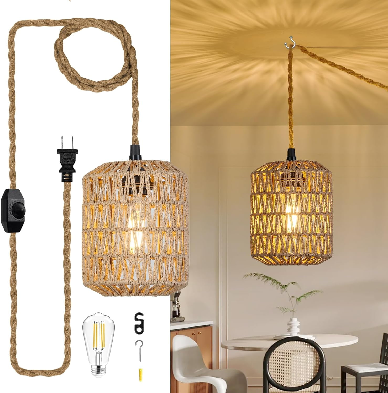 Plug in Pendant Light with 8W LED Bulb Warm Light(3000K) Dimmable ...