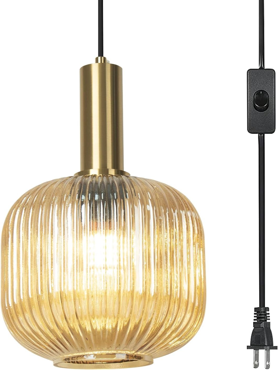 Plug in Pendant Light, Amber Glass Hanging Lamp Plug in Mid Century ...