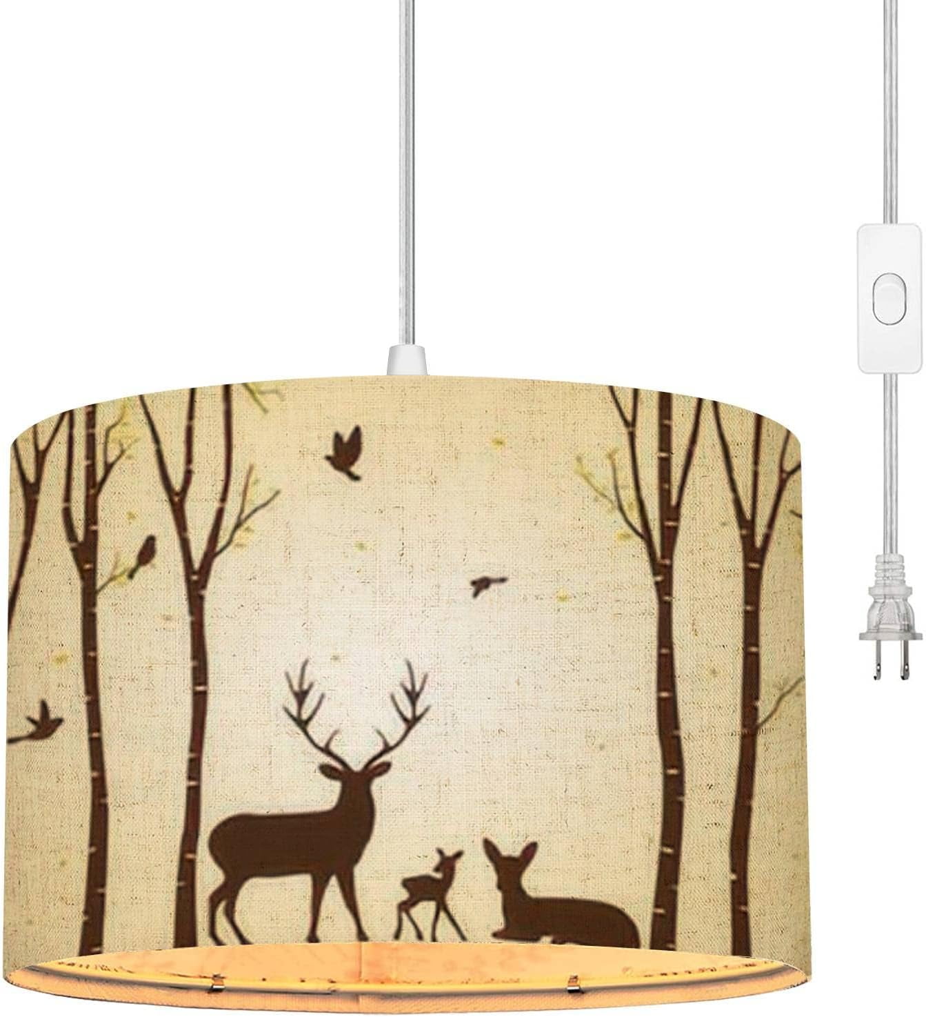 Plug in Pendant Light Birch Tree Deer Birds Silhouette Hanging Lamp ...