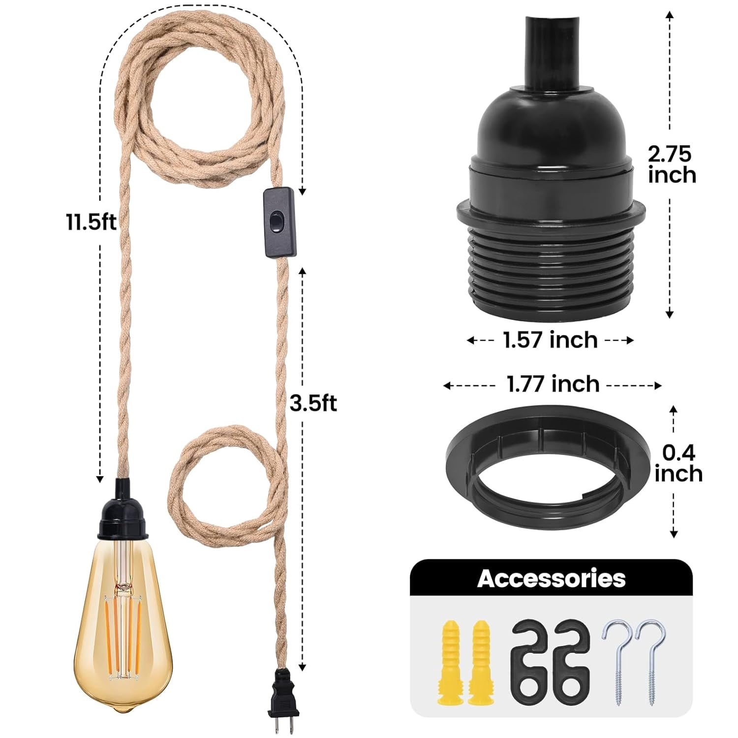 Plug in Pendant Light Cord, Industrial Hanging Light Kit with 15FT Hemp ...