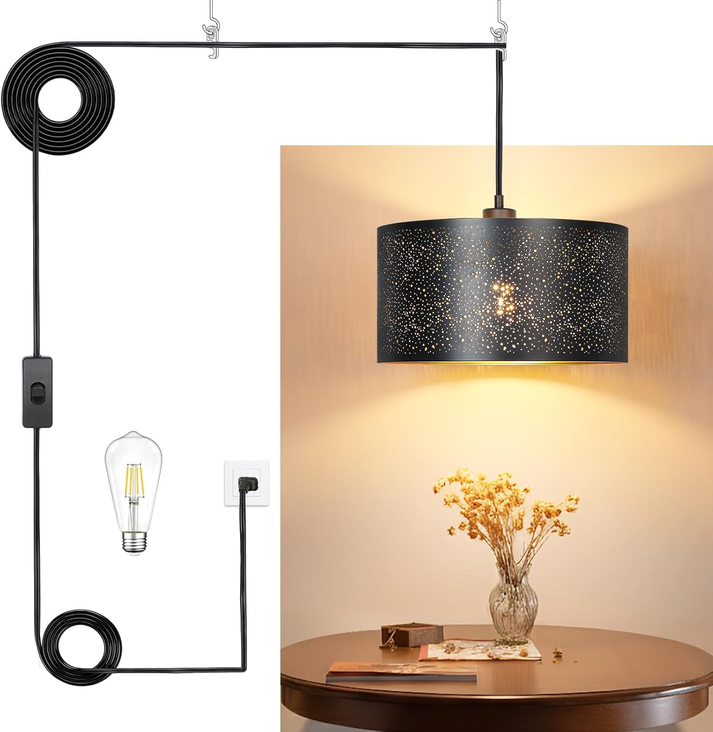 Plug in Pendant Light, Hanging Lamp with Plug in Cord, Rustic Farmhouse ...