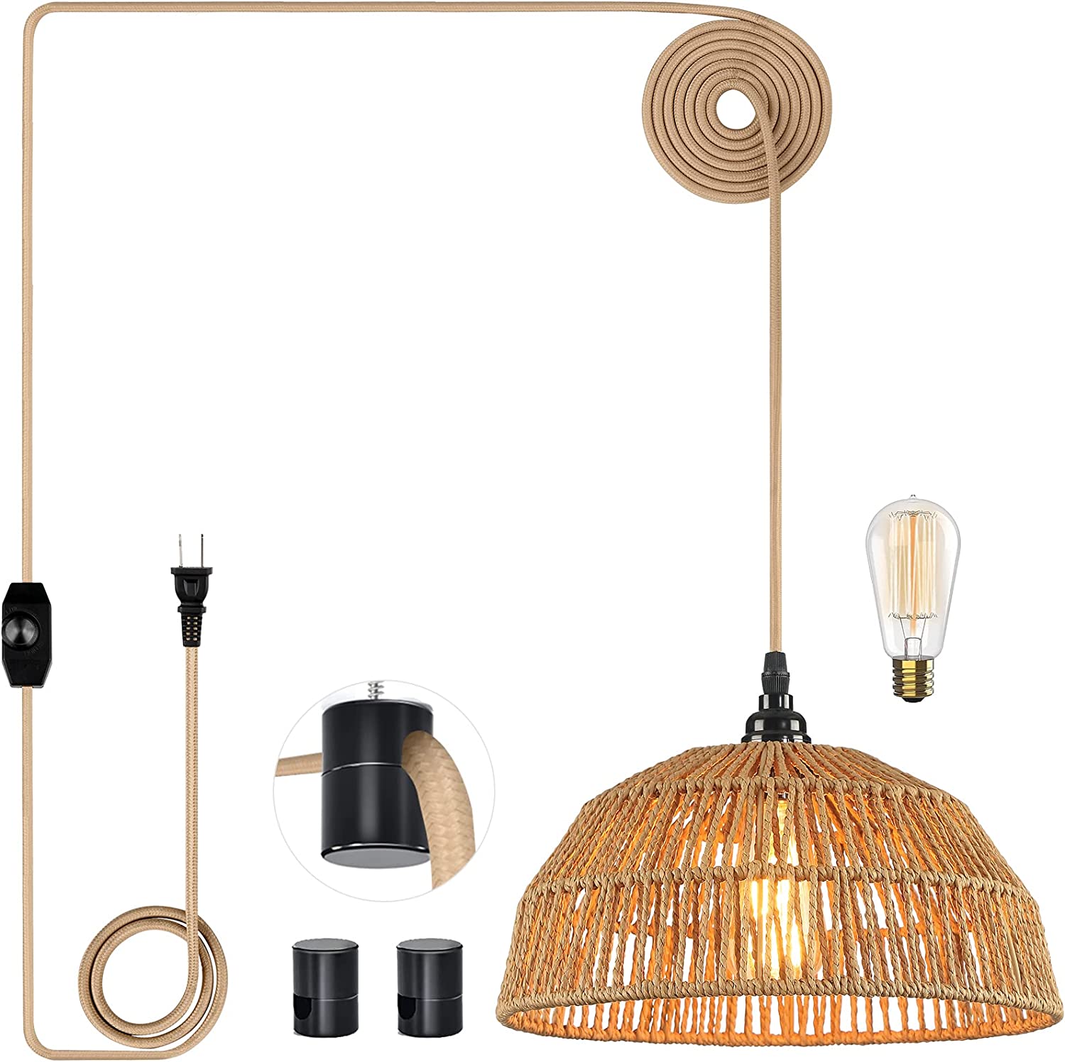 Plug in Pendant Light, Hanging Lights with 15ft Golden Cotton Cord ...