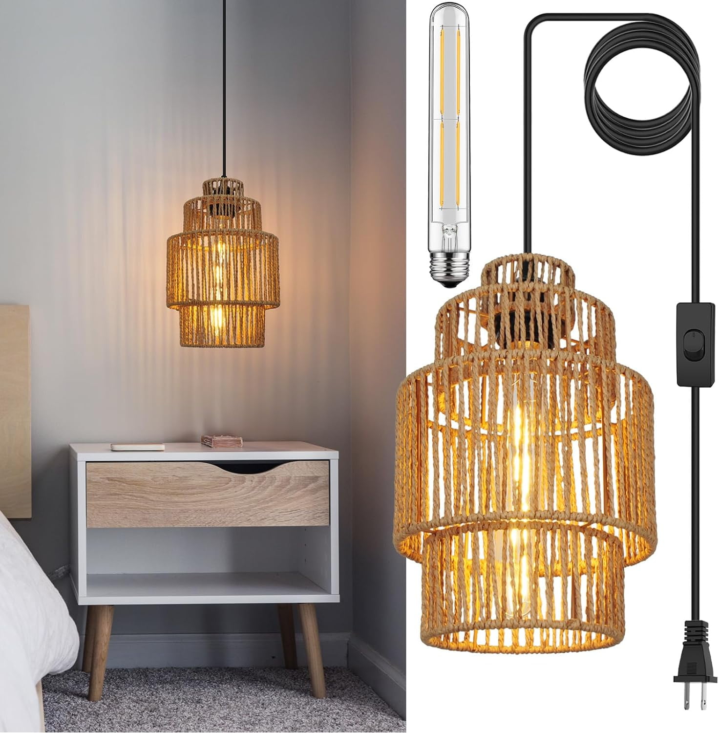 Plug in Pendant Light with LED Bulb, Hanging Light Fixture with Rattan ...
