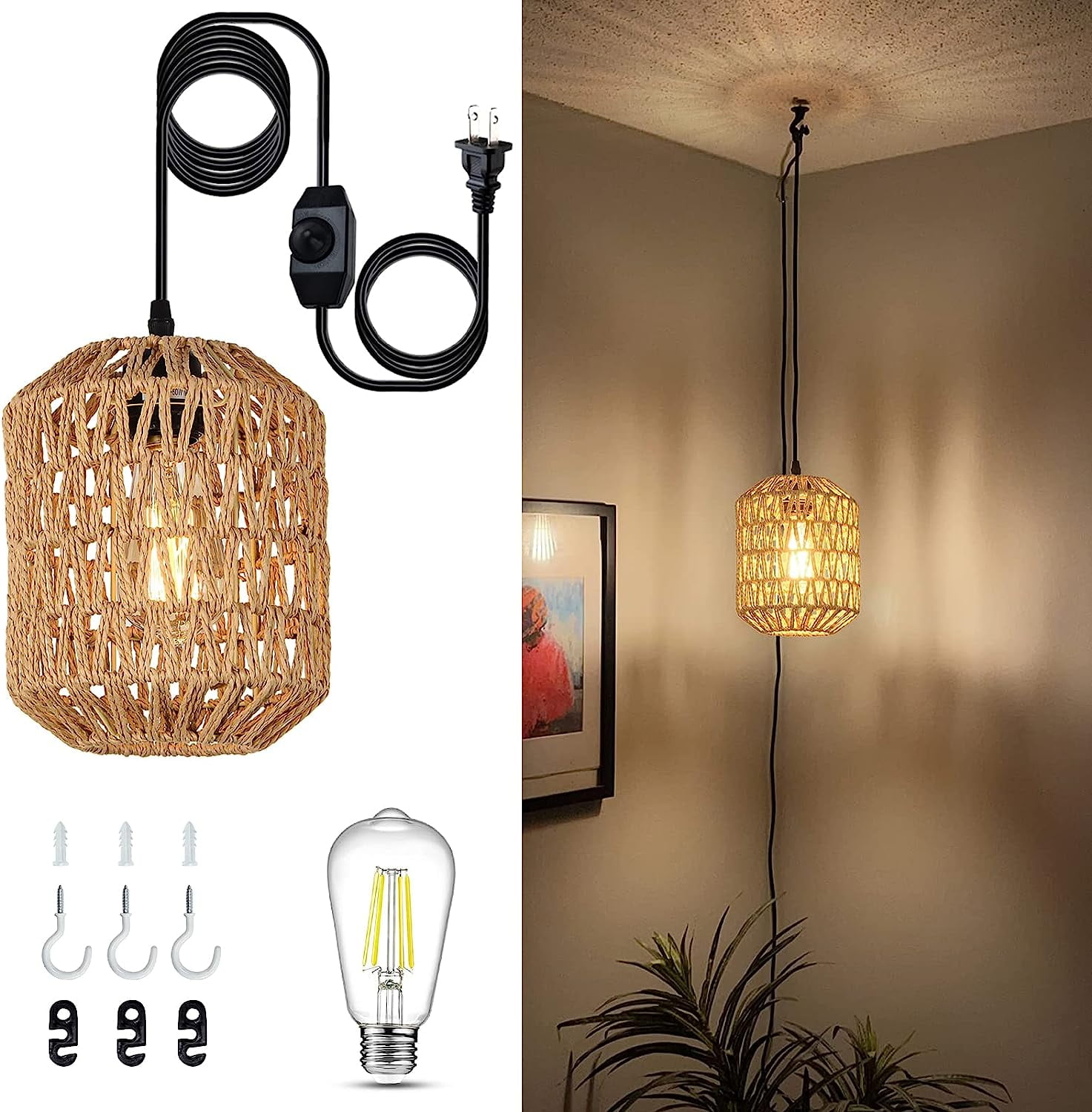 Plug in Pendant Light with LED Bulb, Rattan Hanging Lamp with 16ft ...