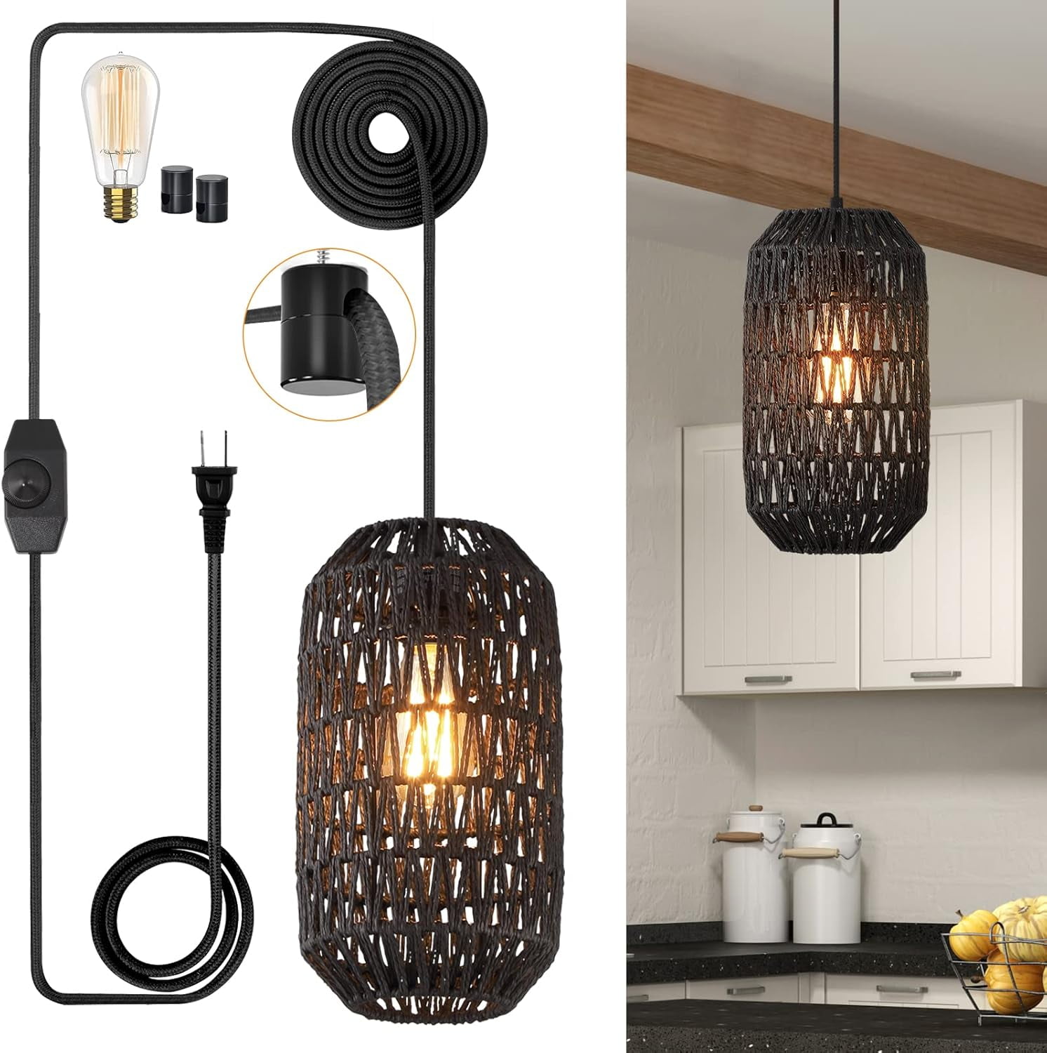 Plug in Pendant Light Rattan Hanging Lights with Plug in Cord 15ft ...
