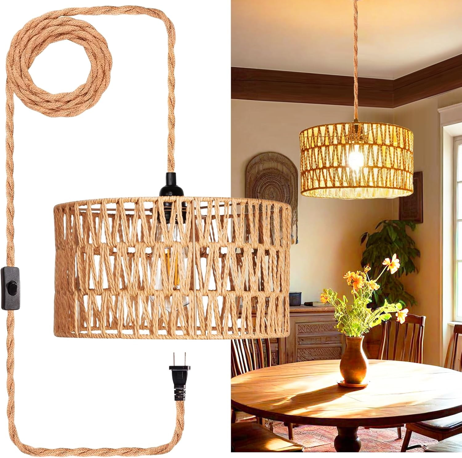 Plug in Pendant Light,Rattan Hanging Lights with Plug in Cord,Handmade ...