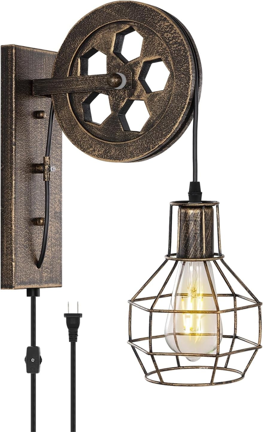 Plug in Wall Sconce Rustic Wall Light Lift Pulley Matte Iron Cage Shade ...