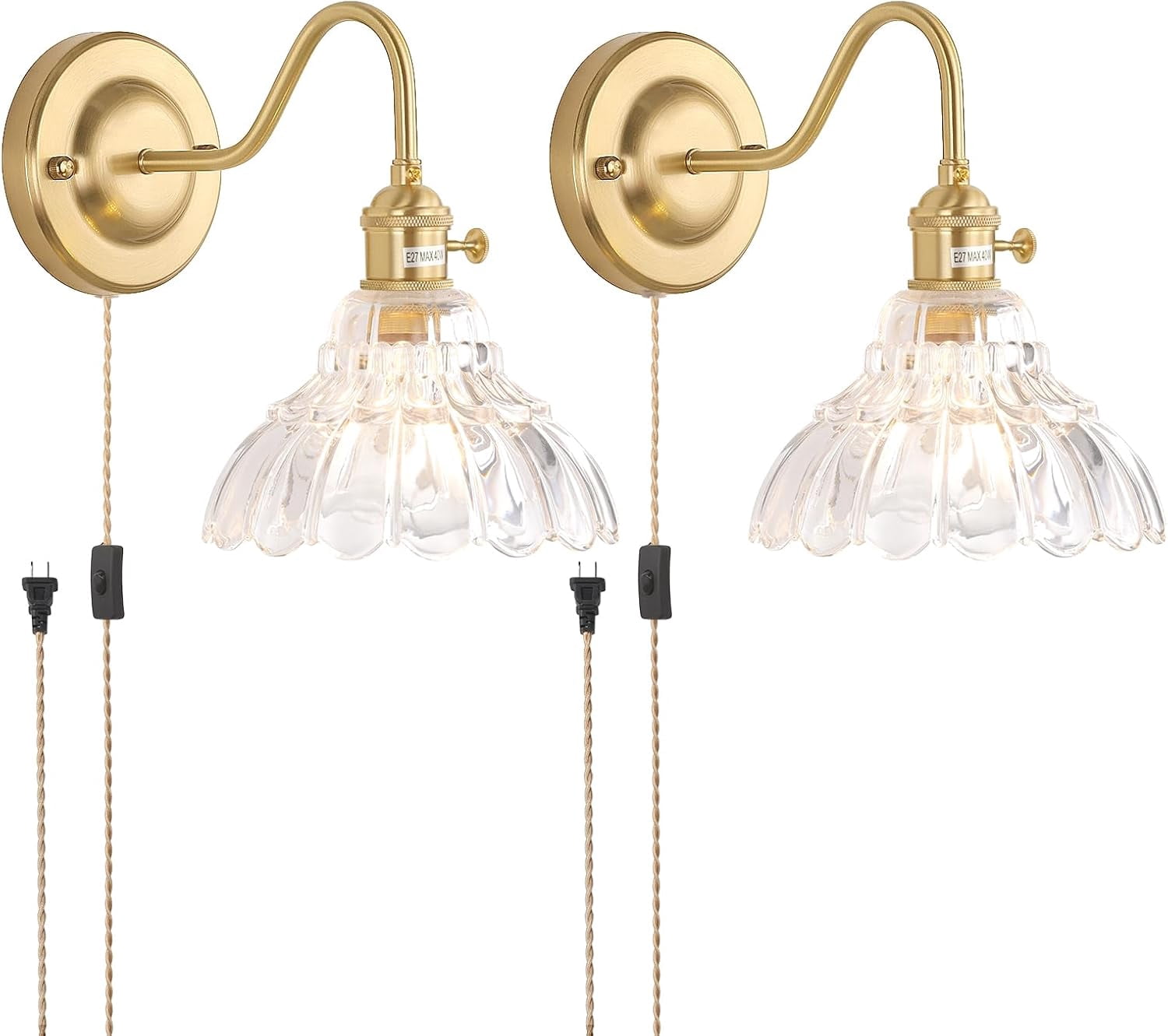 Plug in Wall Sconce Set of 2, Gold Vintage Wall Decor Lights with Clear ...