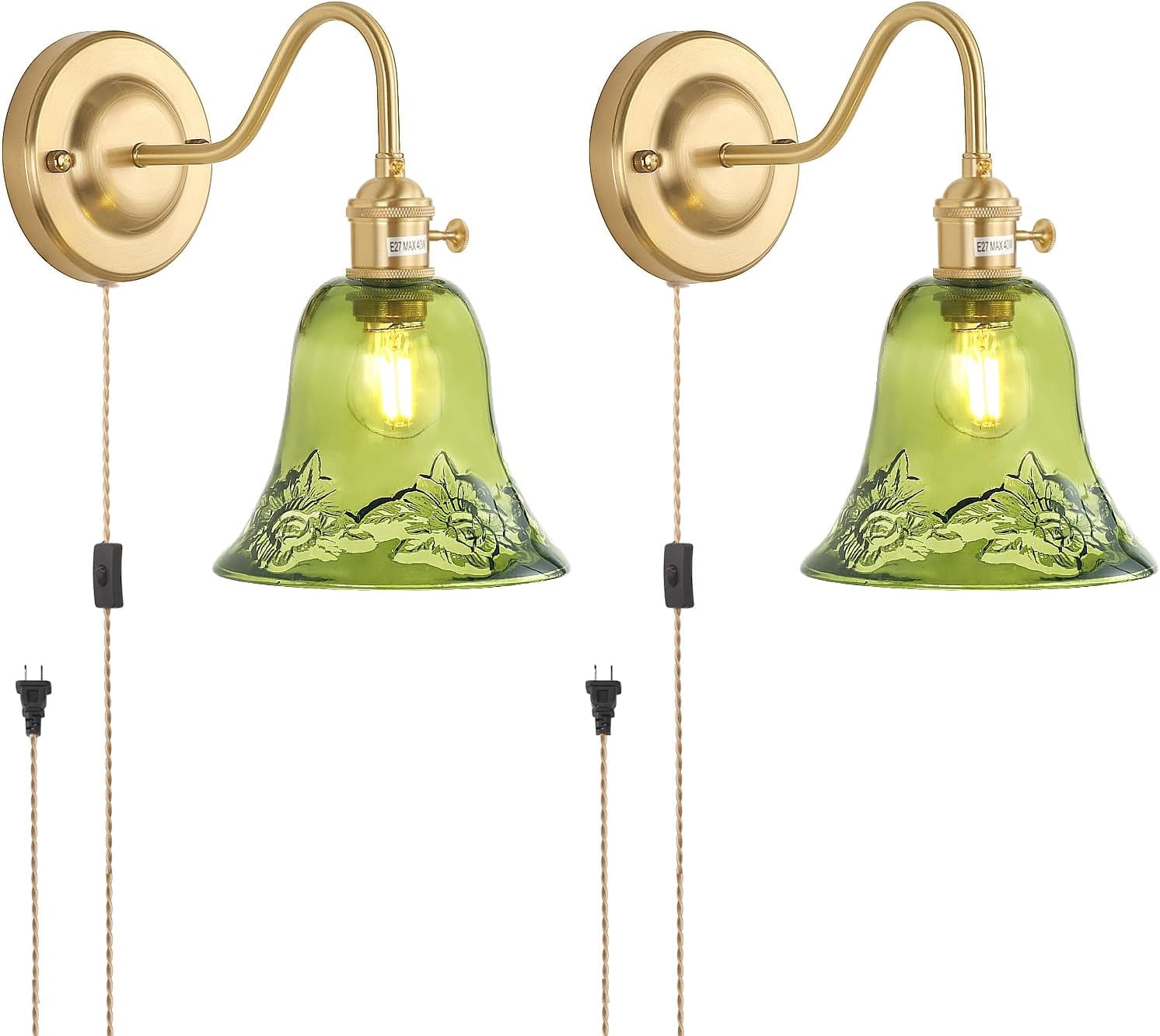 Plug in Wall Sconce Set of 2, Gold Vintage Wall Decor Lights with Green ...