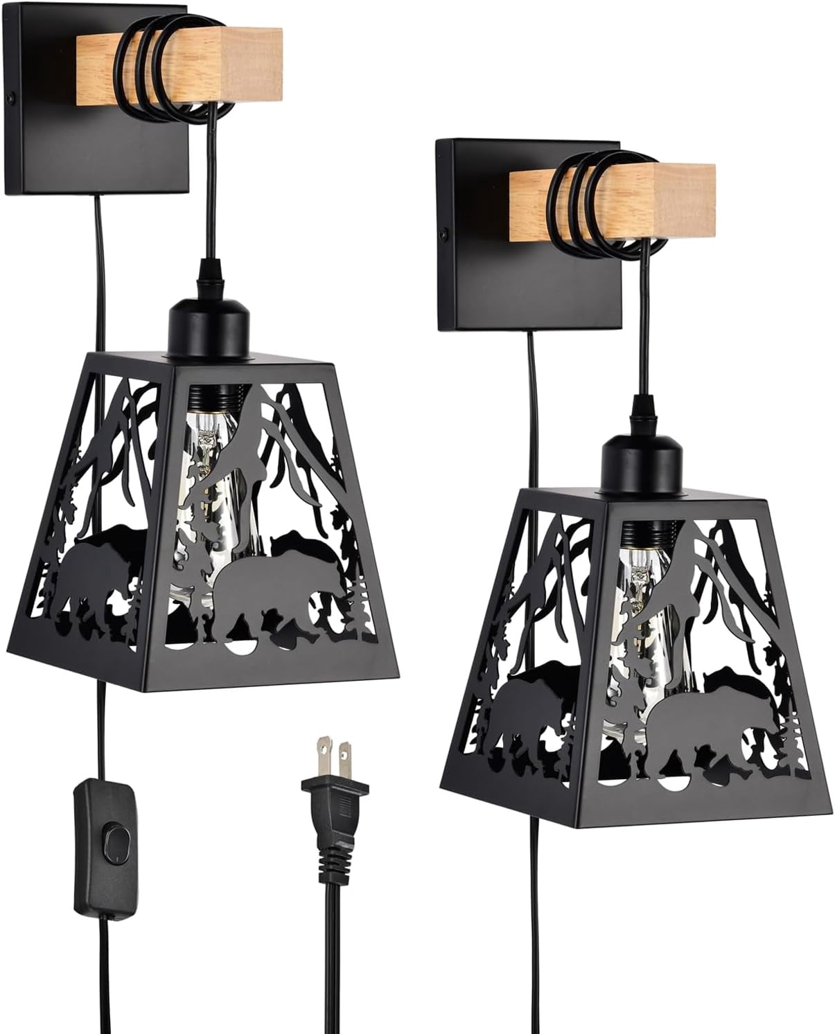 Plug in Wall Sconces Set of 2,Bear Matte Metal Rustic Sconces Wall ...