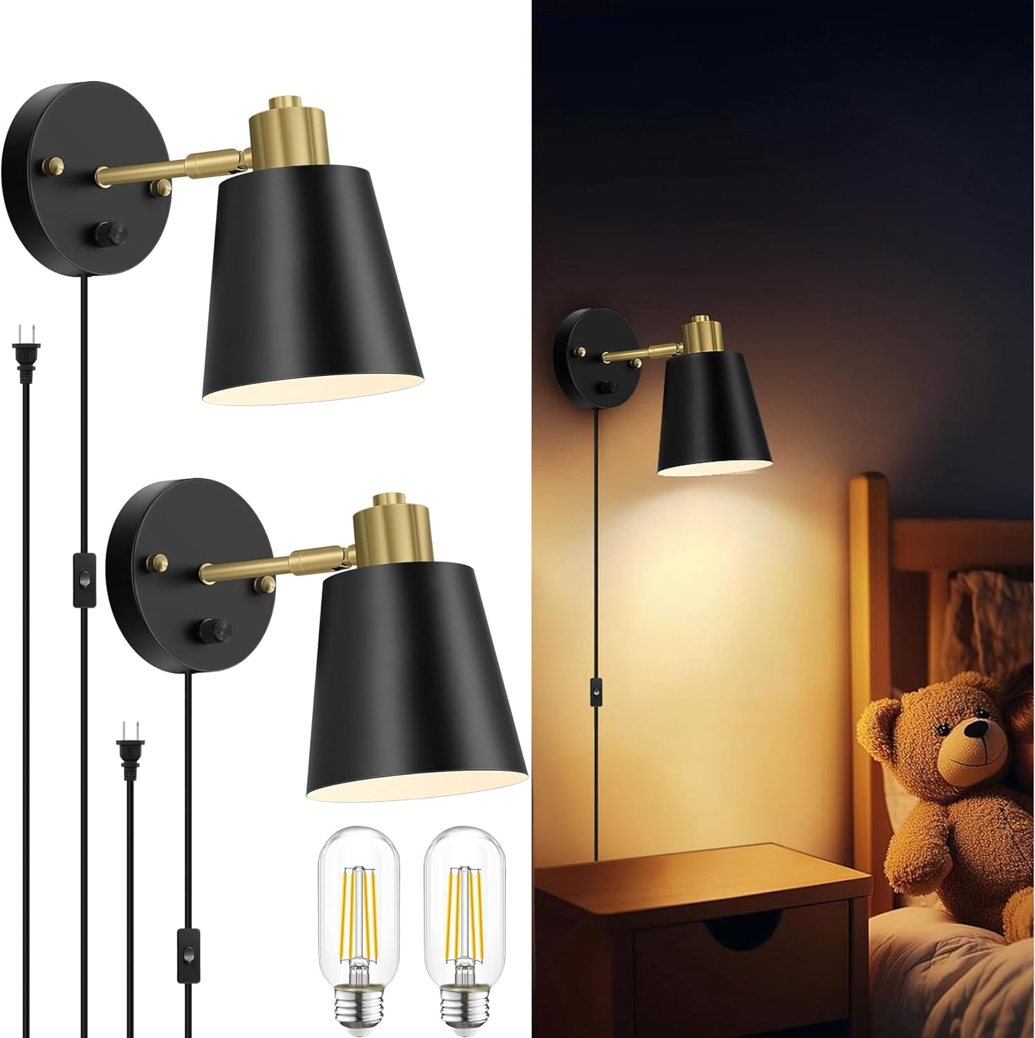 Plug in Wall Sconces Set of 2, Dimmable Wall Lights with Plug in Cord ...