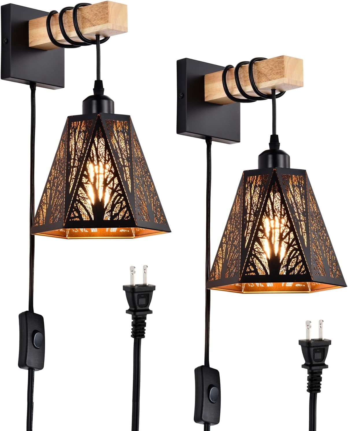 Plug in Wall Sconces Set of 2,Forest Tree Black Rustic Wall Sconces,Farmhouse Metal Wall Mounted ...
