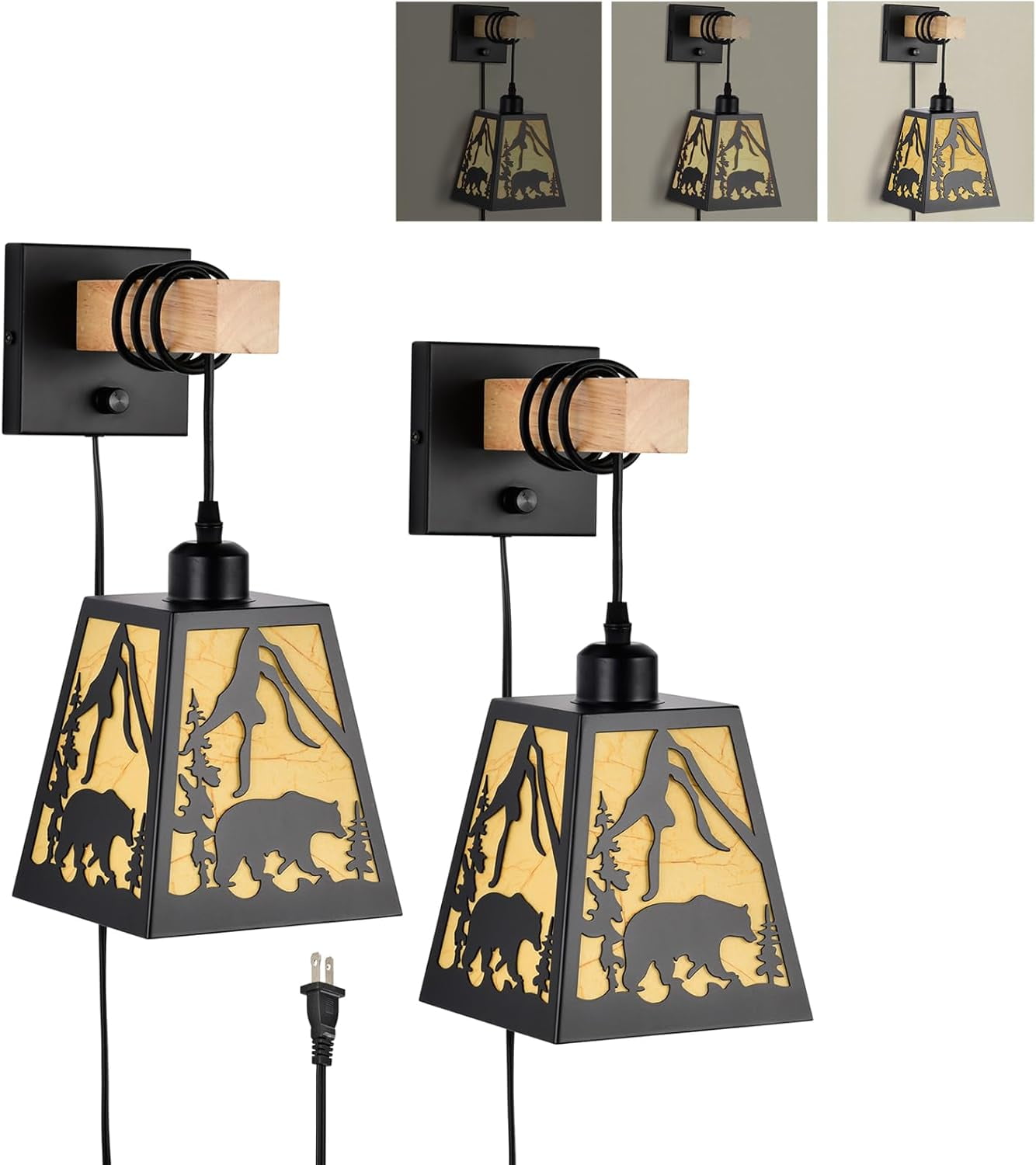 Plug in Wall Sconces Set of 2,Rustic Bear Dimmable Wall Sconce ...
