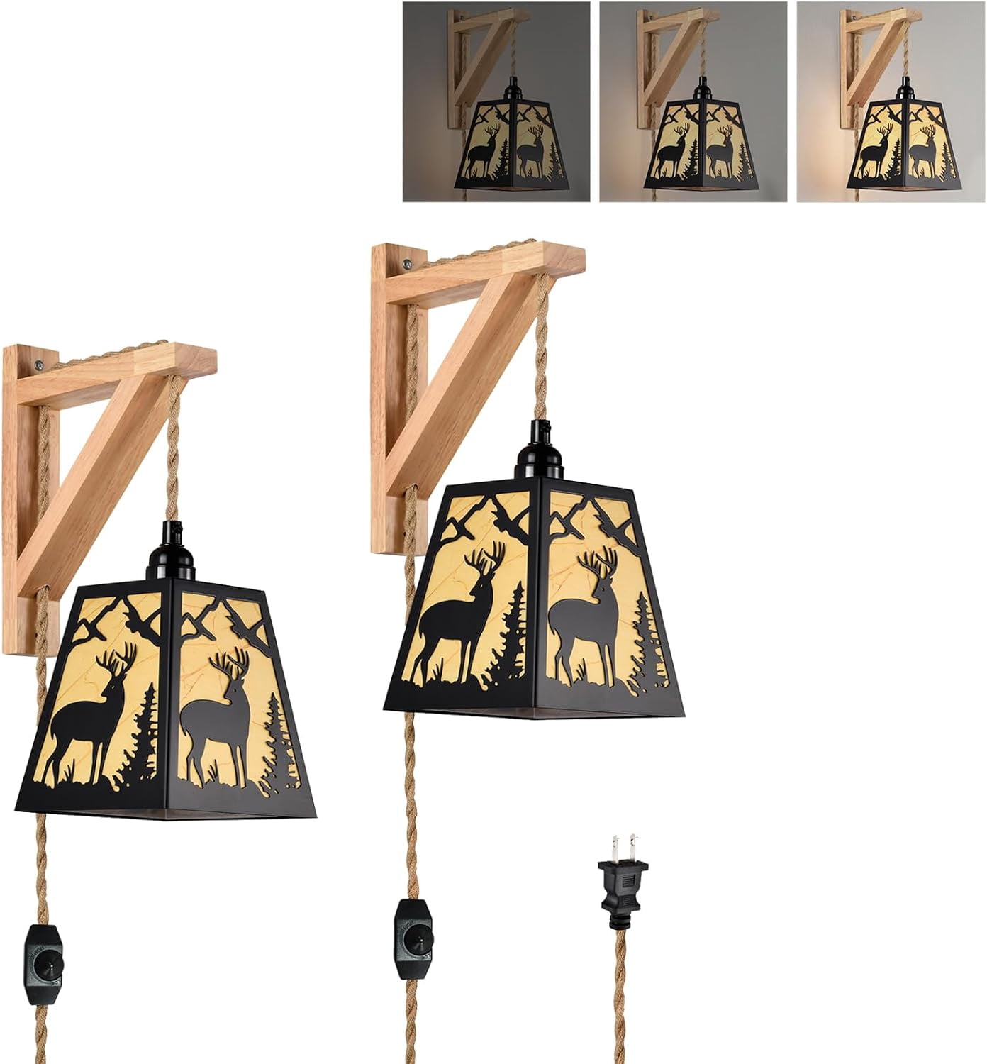 Plug in Wall Sconces Set of 2,Rustic Deer Dimmable Wall Sconce with ...