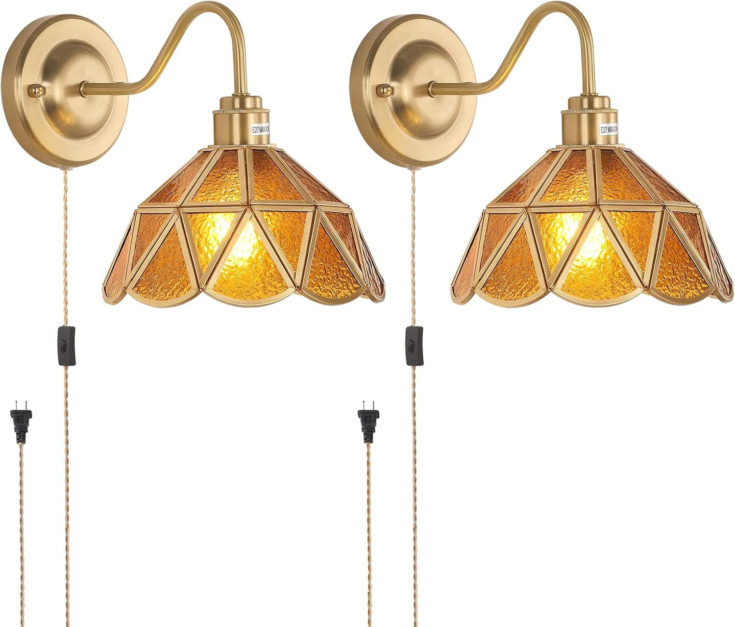 Plug in Wall Sconces Set of 2, Vintage Wall Lamps with Coffee Stone ...