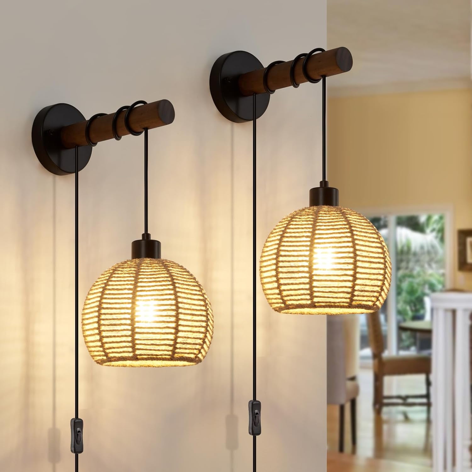 Plug in Wall Sconces Set of 2, Wall Lights with Plug in Cord, Farmhouse Woven Hemo Rope Wall ...